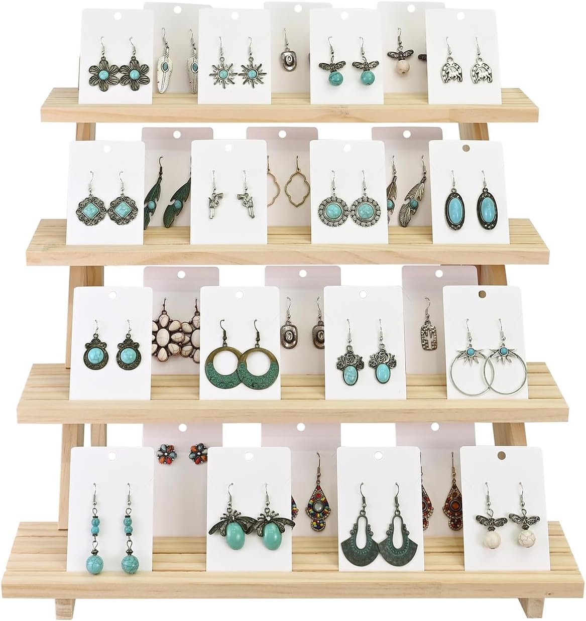 Ebern Designs Wooden Earring Card Display Riser Stand, 4-Tier Jewelry ...