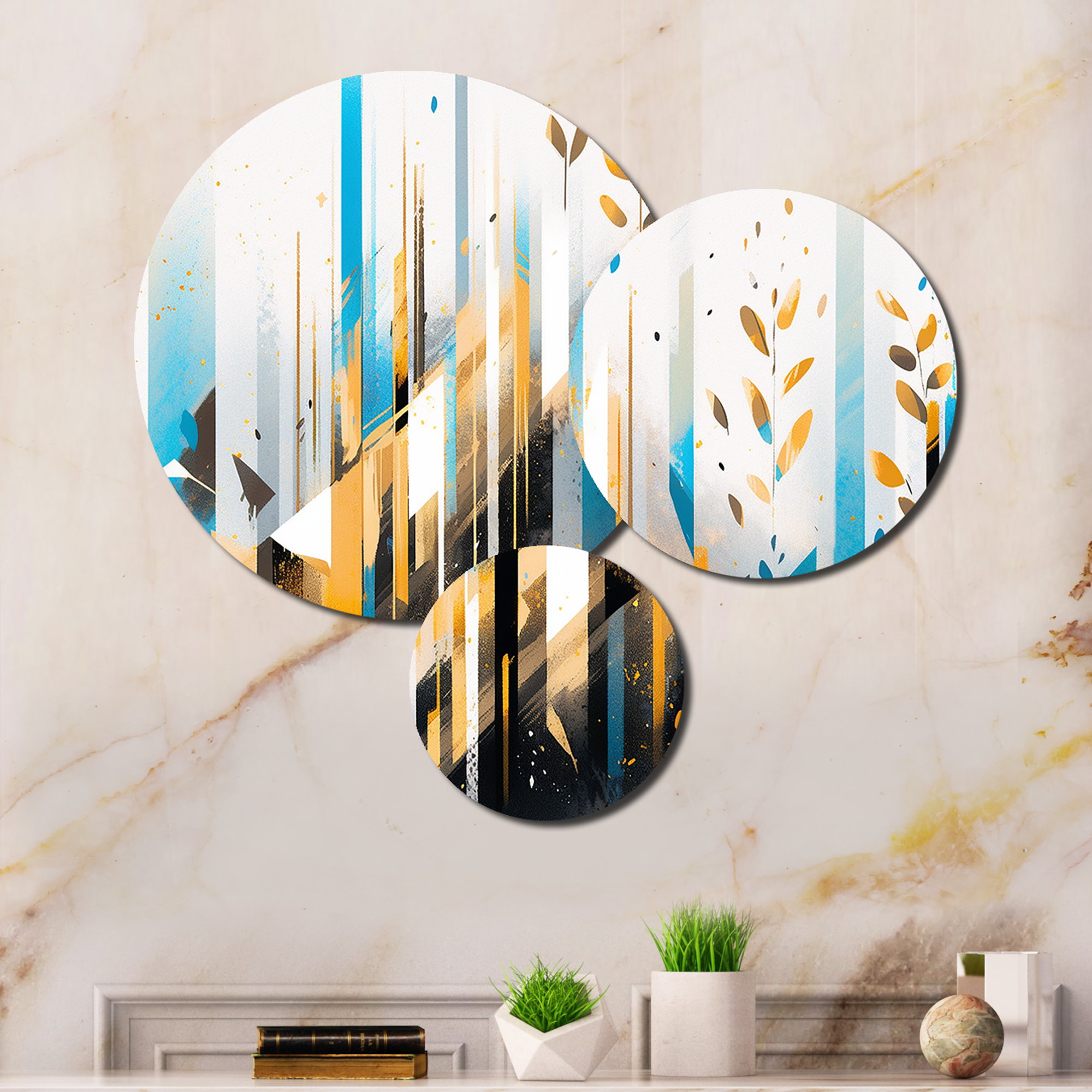 Design Art 3 Turquoise Gold Symmetrical Abstract Wall Decor Set Metal ...