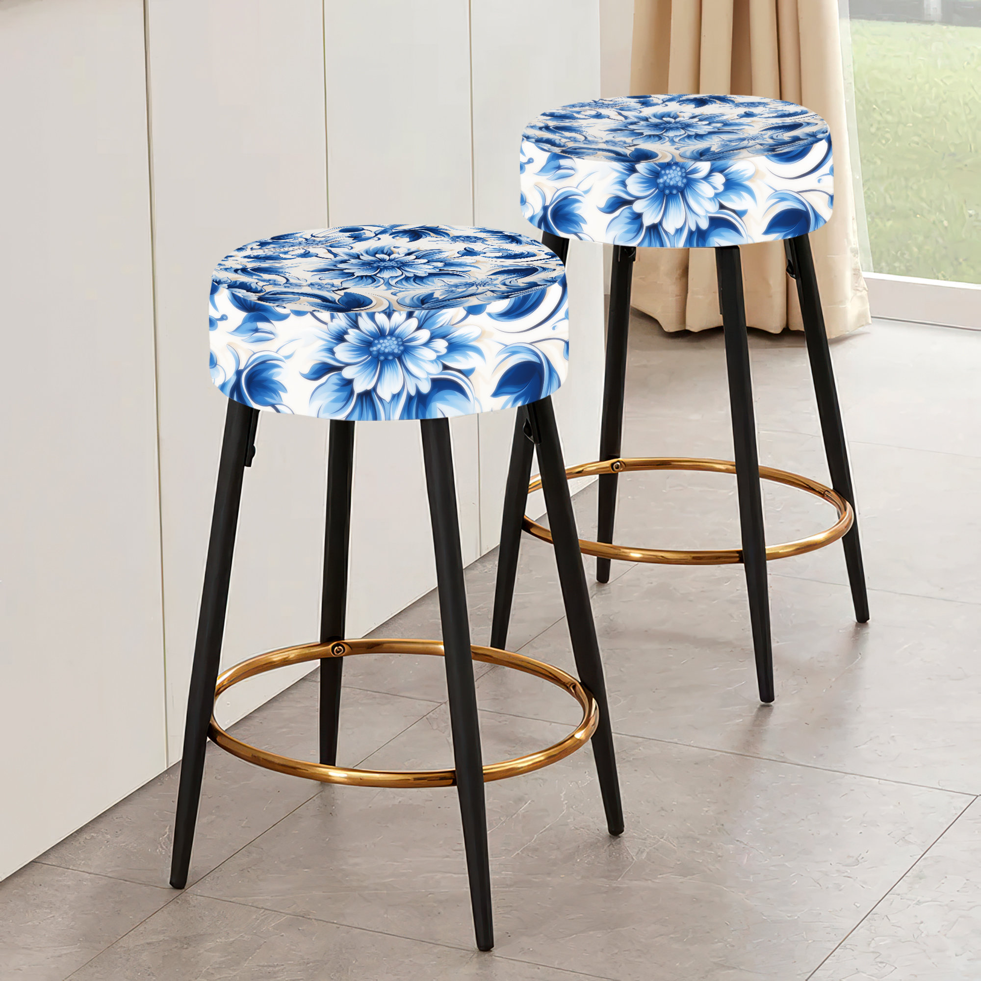 Design Art Blue And White Manx Mosaic Flowers - Damask Bar Stools Set ...