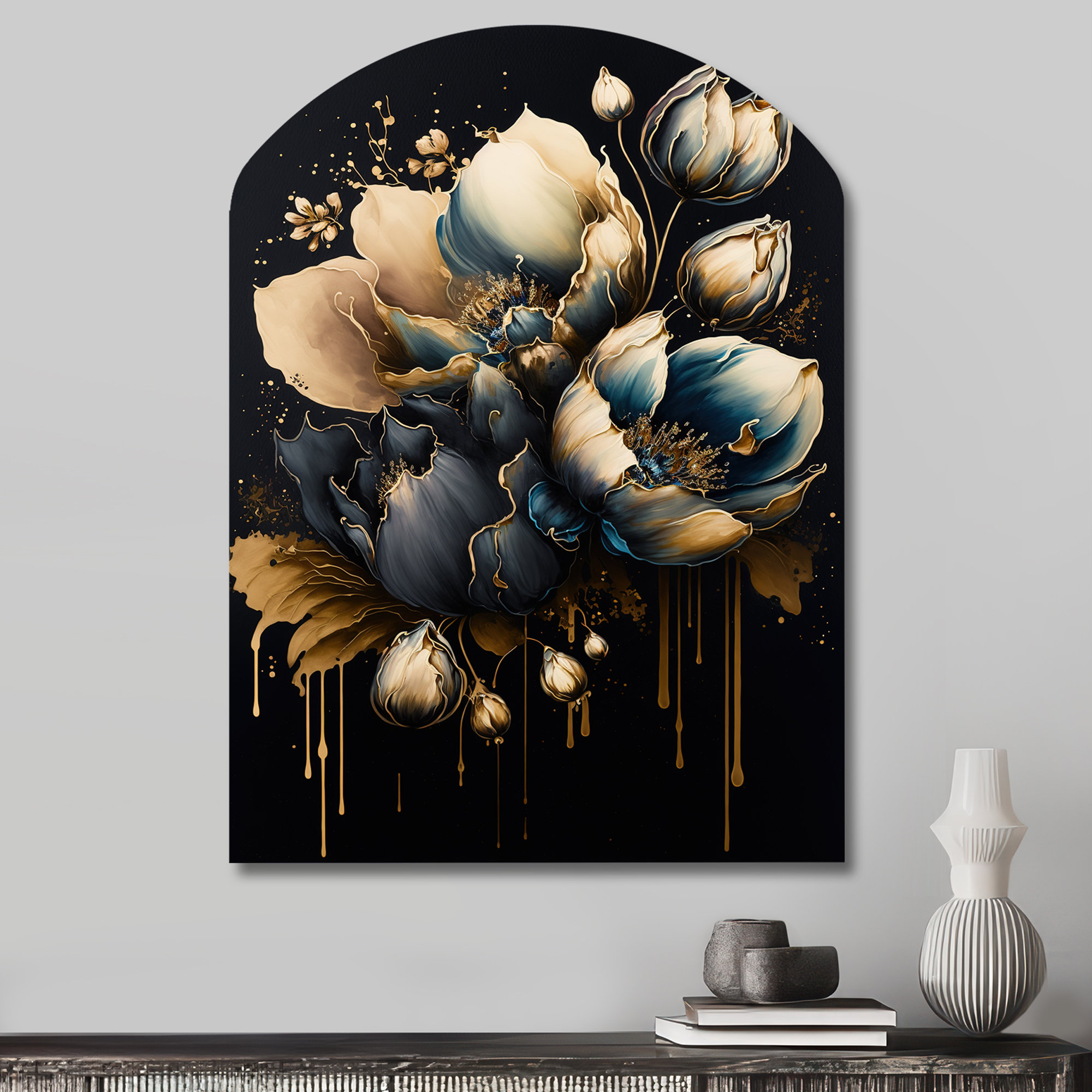 House of Hampton Blue And Gold Tulips II - Tulip Arch Shape Metal Wall ...