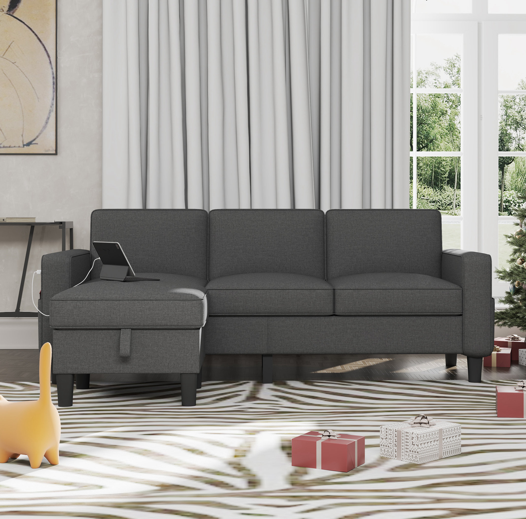 Ebern Designs Morancy 78” Wide Sectional Sofa With 20W Fast Charge USB ...