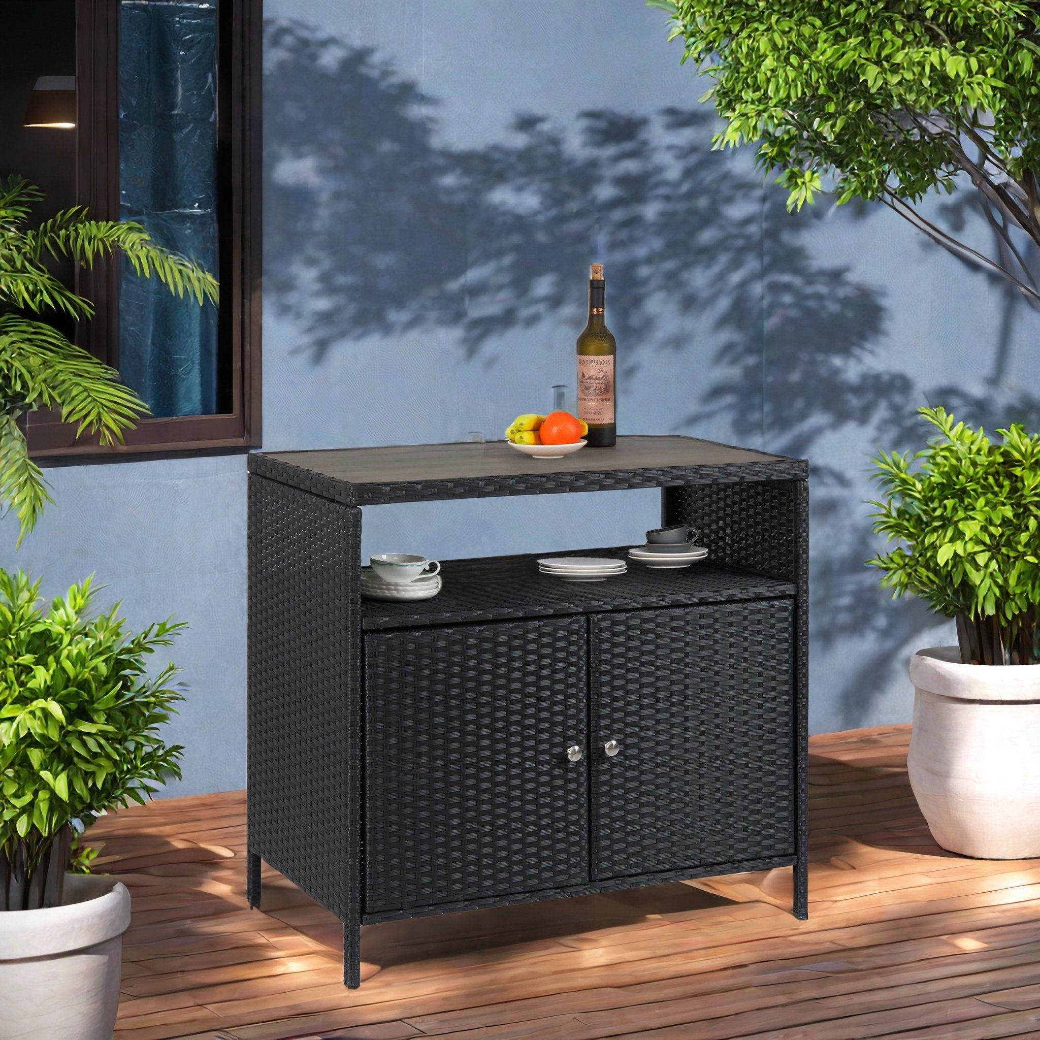 Ebern Designs Outdoor Wicker Storage Cabinet With Shelf & Weather ...