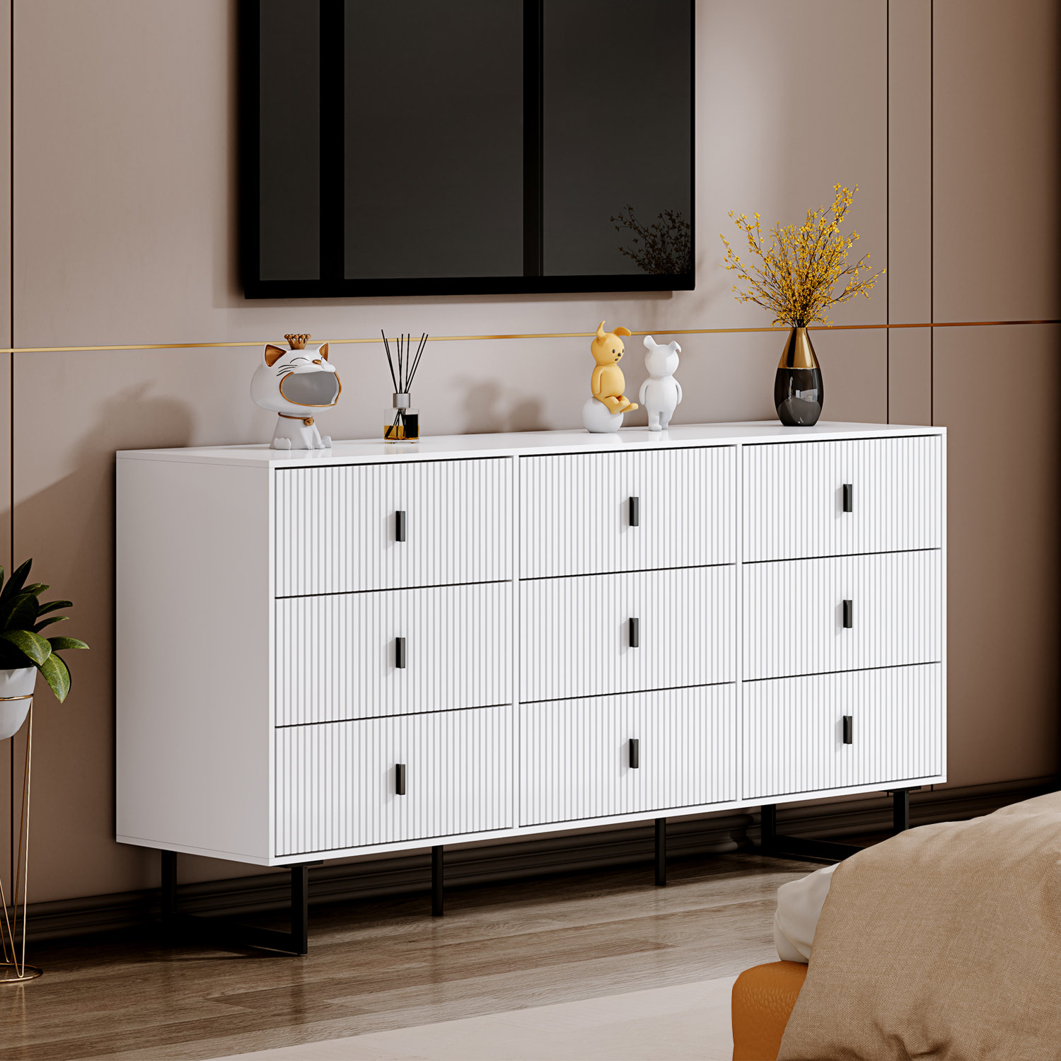 Ebern Designs White 9-Drawer Chest Of Drawers For Bedroom,Modern 9 Drawer Triple Dresser With ...