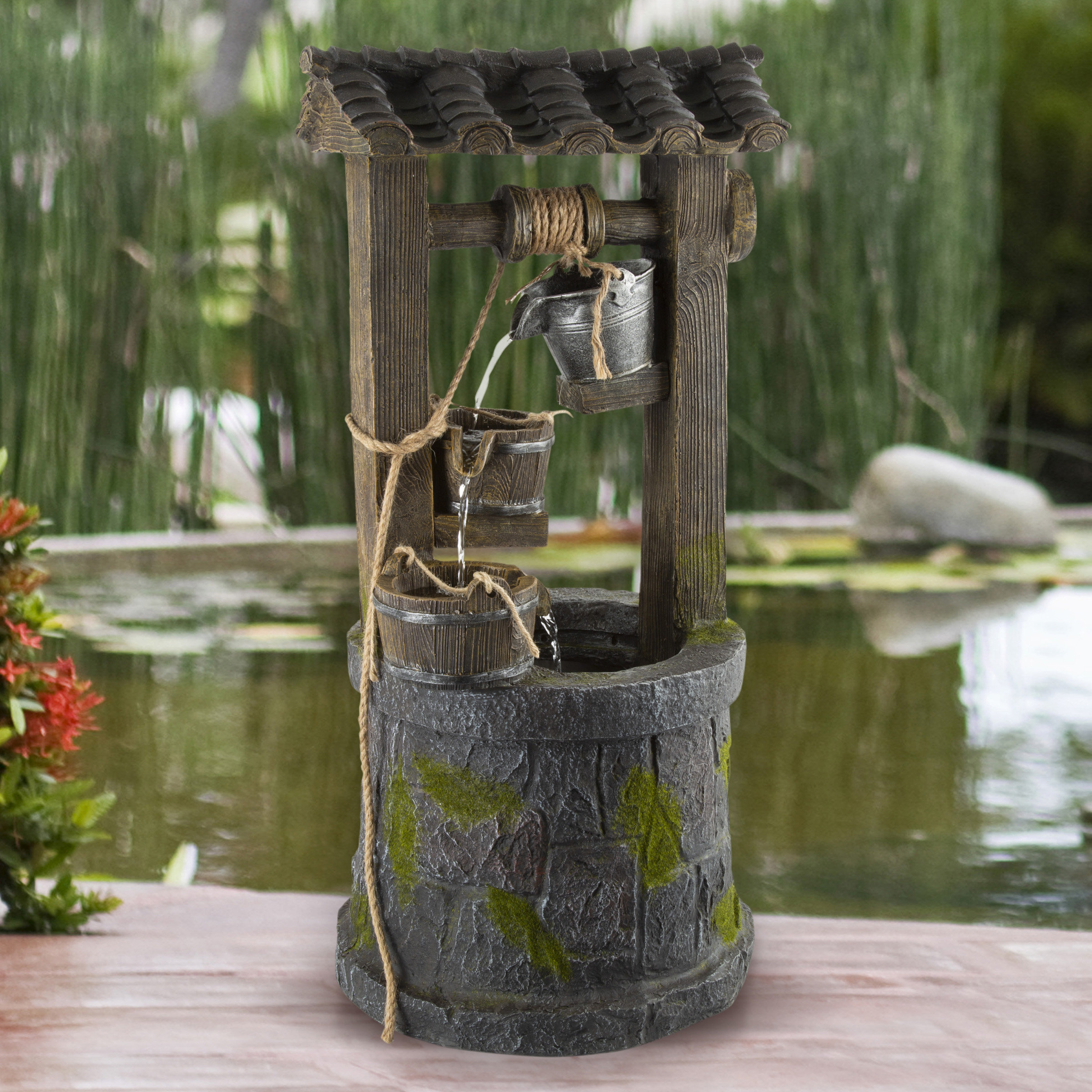 Pure Garden Hand-Painted 32.5-Inch Tall 4-Tier Wishing Well Fountain- Cascading Waterfall ...