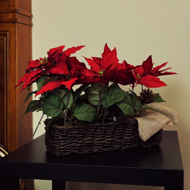 Tori Home 24" Red Christmas Poinsettia Floral Wicker Basket | Wayfair