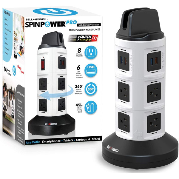 Bell + Howell 360 Degree Spin Power Pro Tower with 8 Outlets and 6 B ...