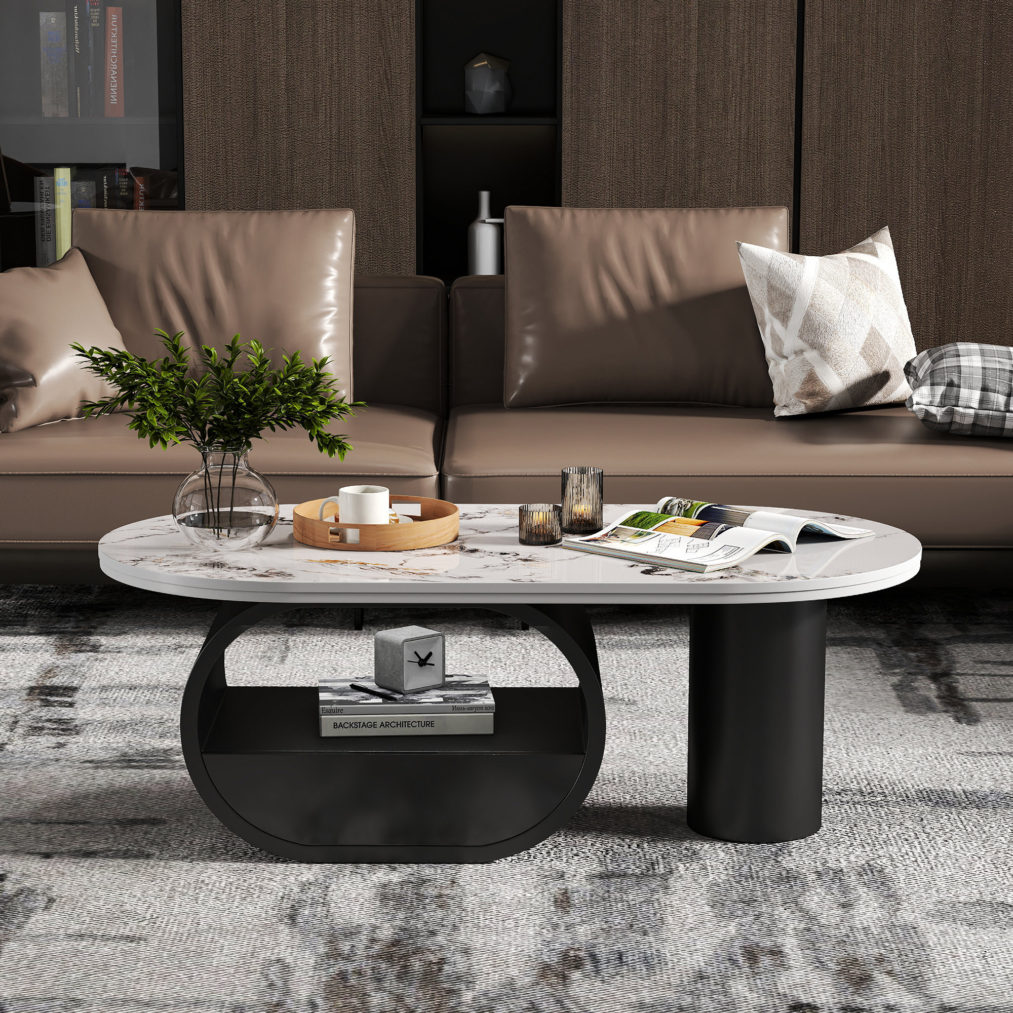 Ivy Bronx 47.24" Oval Sintered Stone Coffee Table with Shelf and Drawer ...