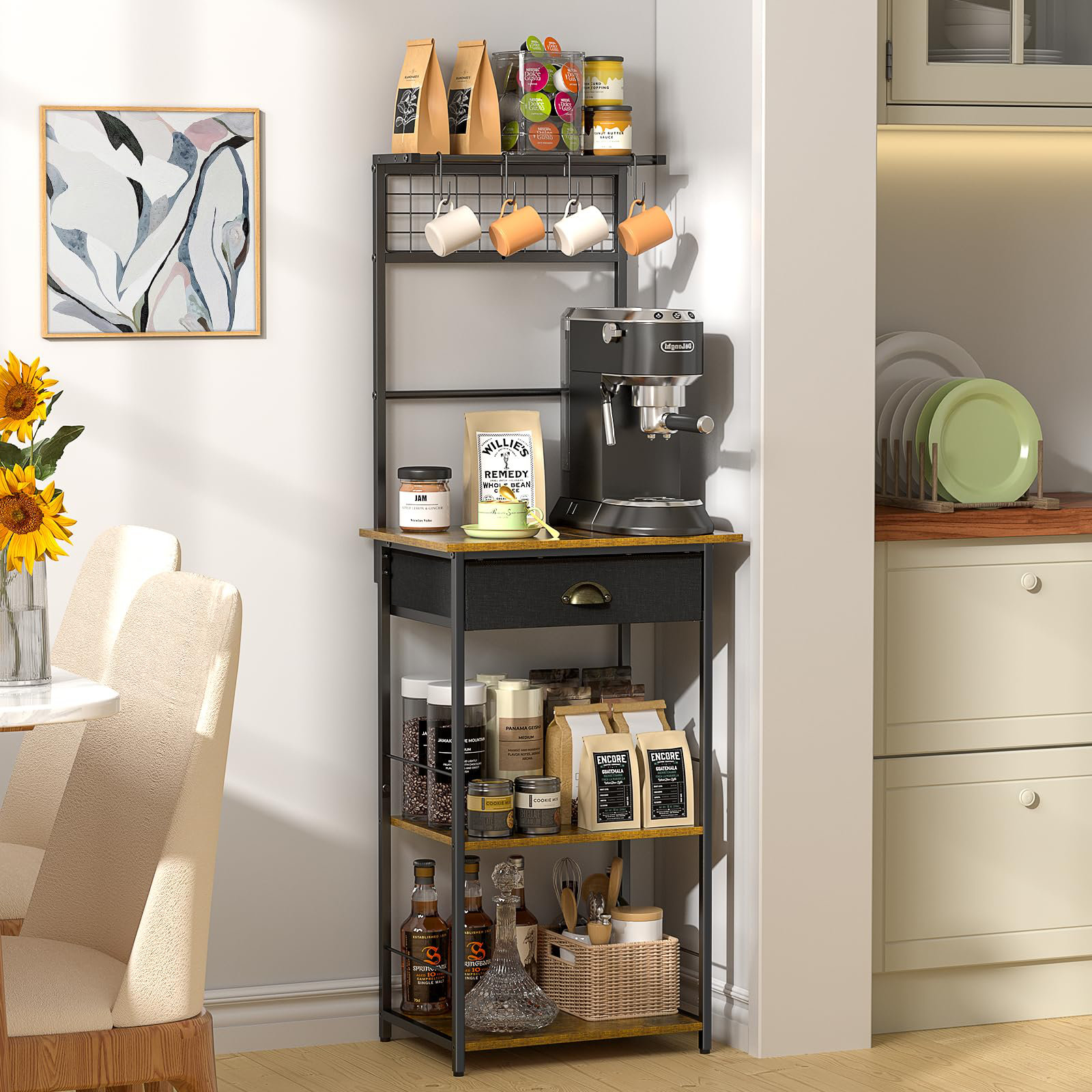 17 Stories 5-Layer Coffee Bar With Drawers, Bread Rack With 4 S-Hooks ...