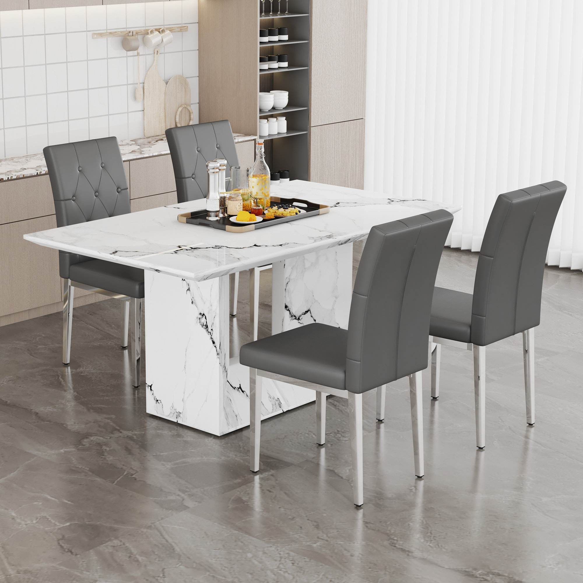 Ivy Bronx "x35.4" White Marble-patterned Mdf Dining Table Set With 4 ...