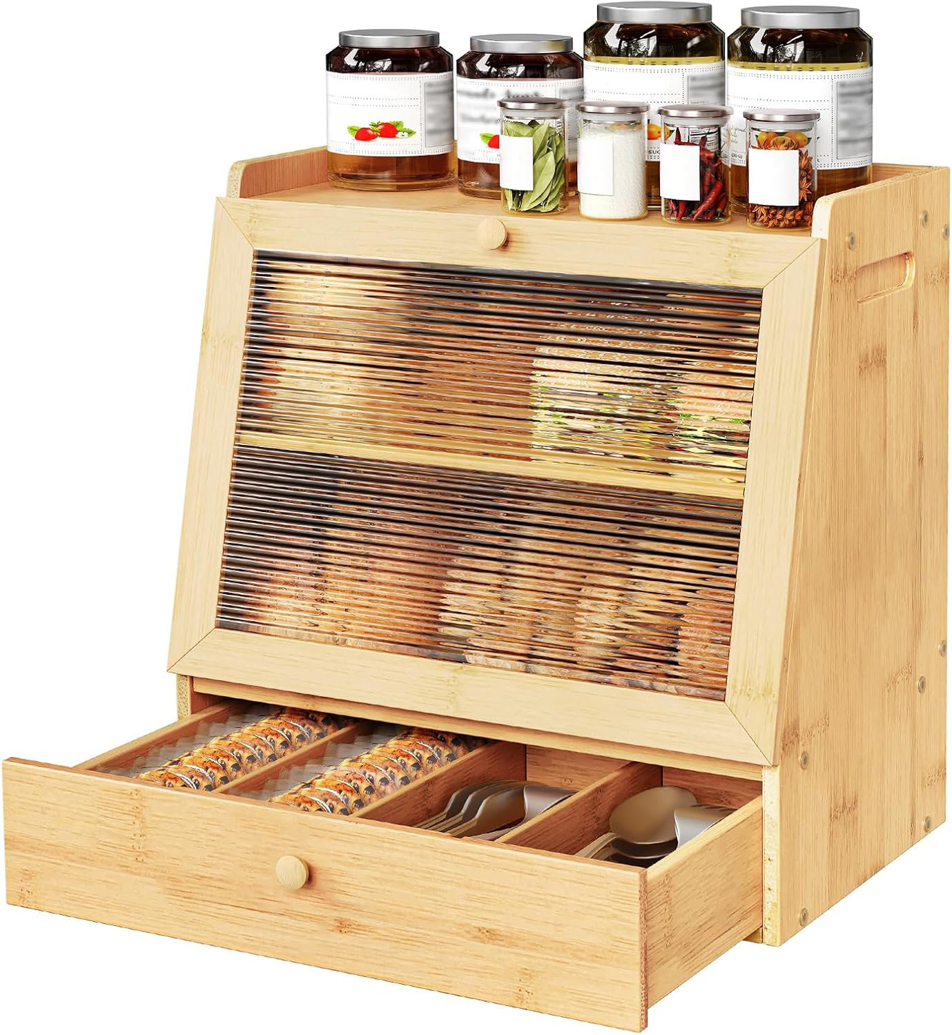 Hokku Designs Bread Box, Bamboo Bread Box Storage Container With Drawer ...