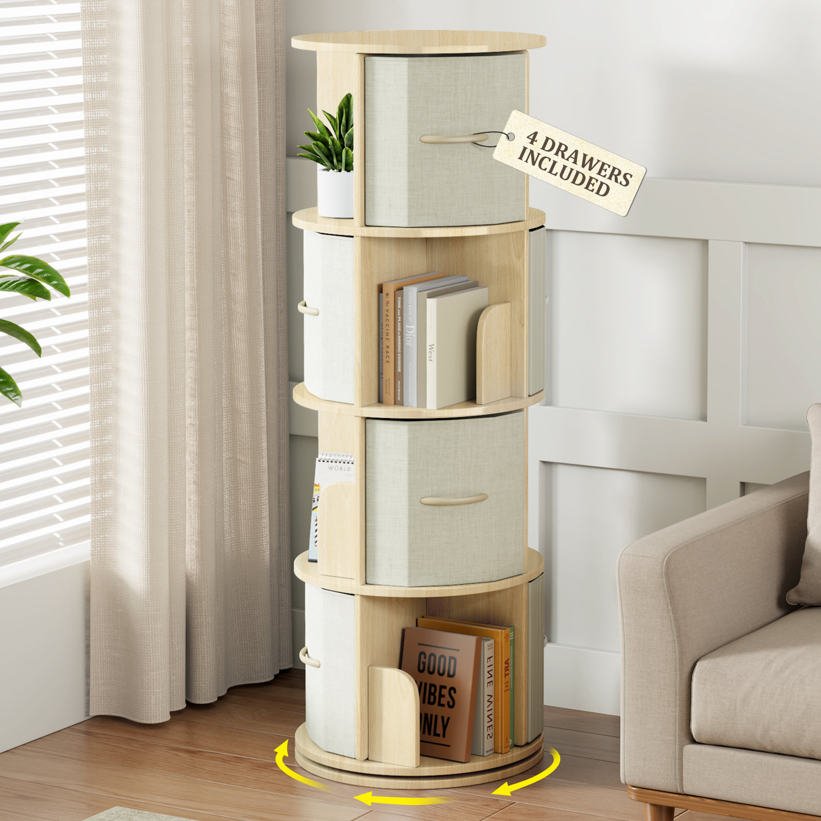 Ebern Designs Rotating Bookshelf - Solid Wood Rotating Bookshelf Tower ...
