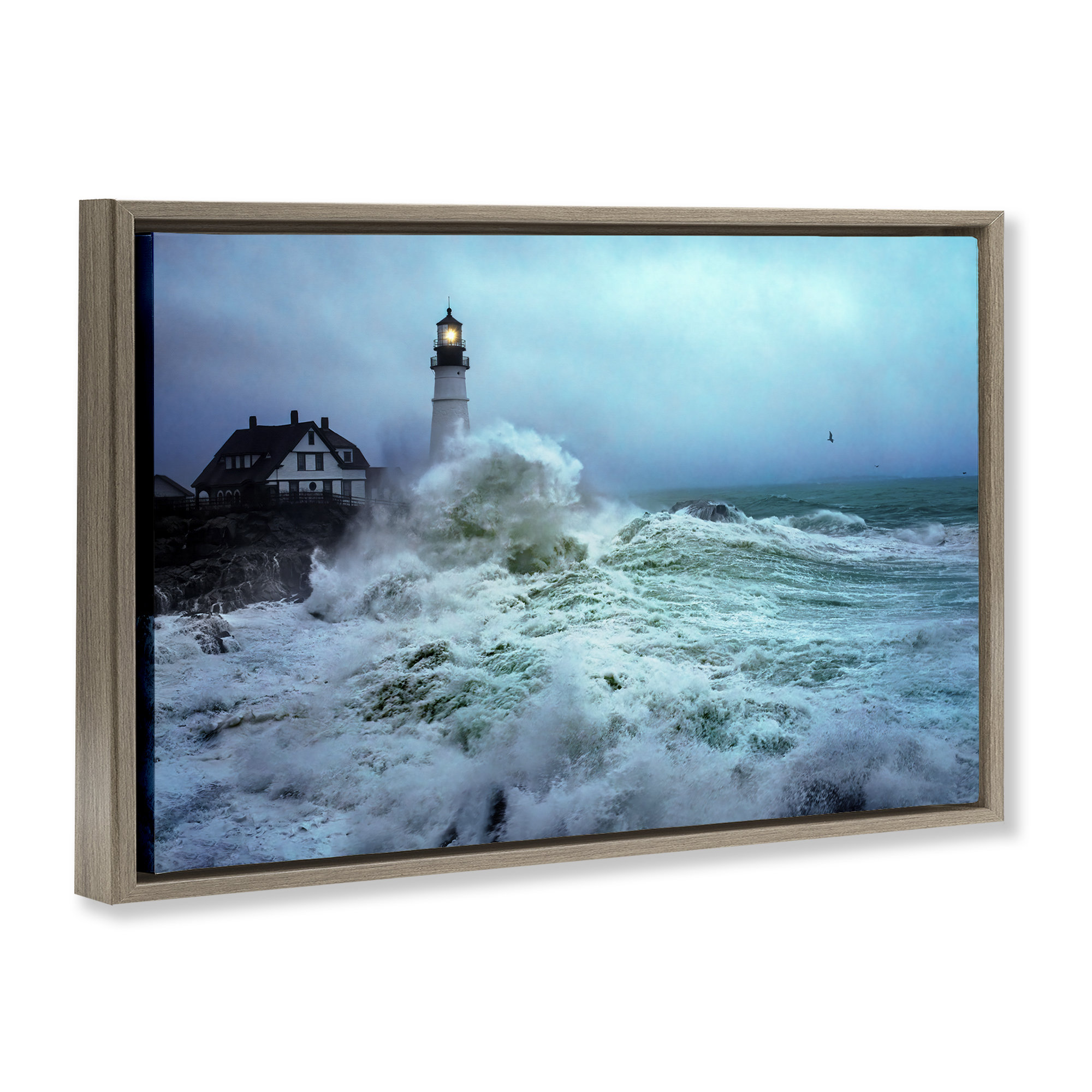Breakwater Bay Tall Splashing Waves Lighthouse Framed Floater Canvas By ...