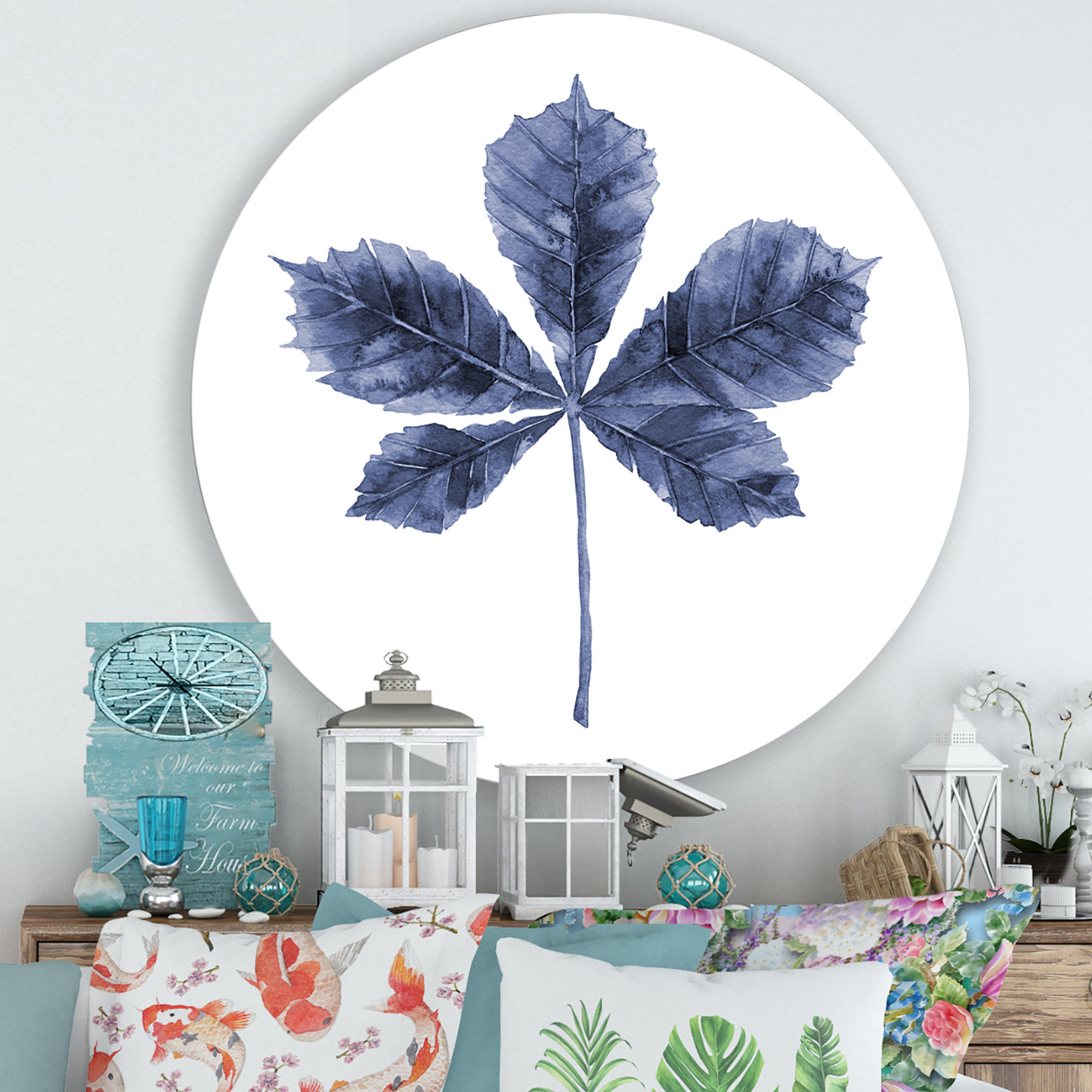 East Urban Home Navy Blue Chestnut Leaf - Traditional Metal Circle Wall ...