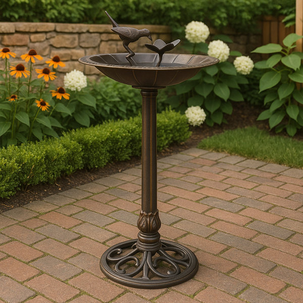 Charlton Home® Outdoor 33.5" H Large Birdbath With Metal Frame, Antique ...