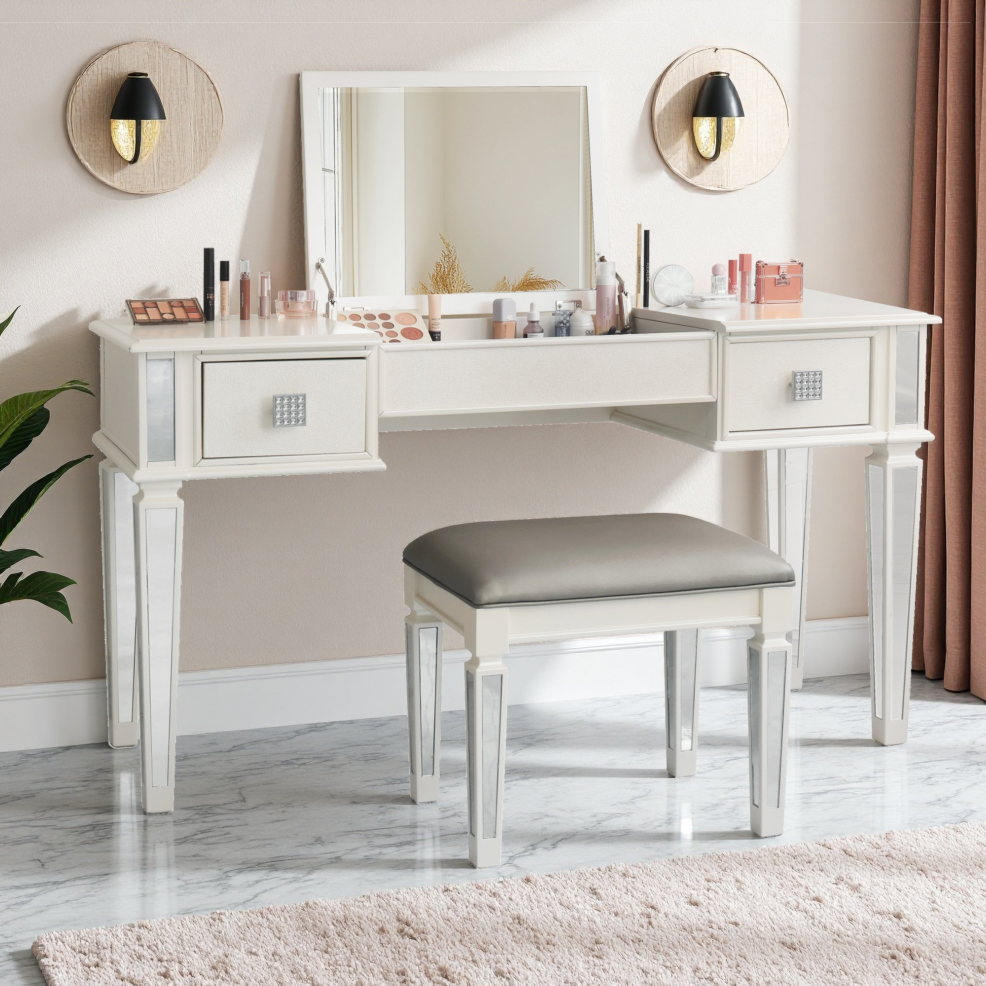 House of Hampton® Mirrored Vanity Desk Set with Flip Mirror & Stool ...