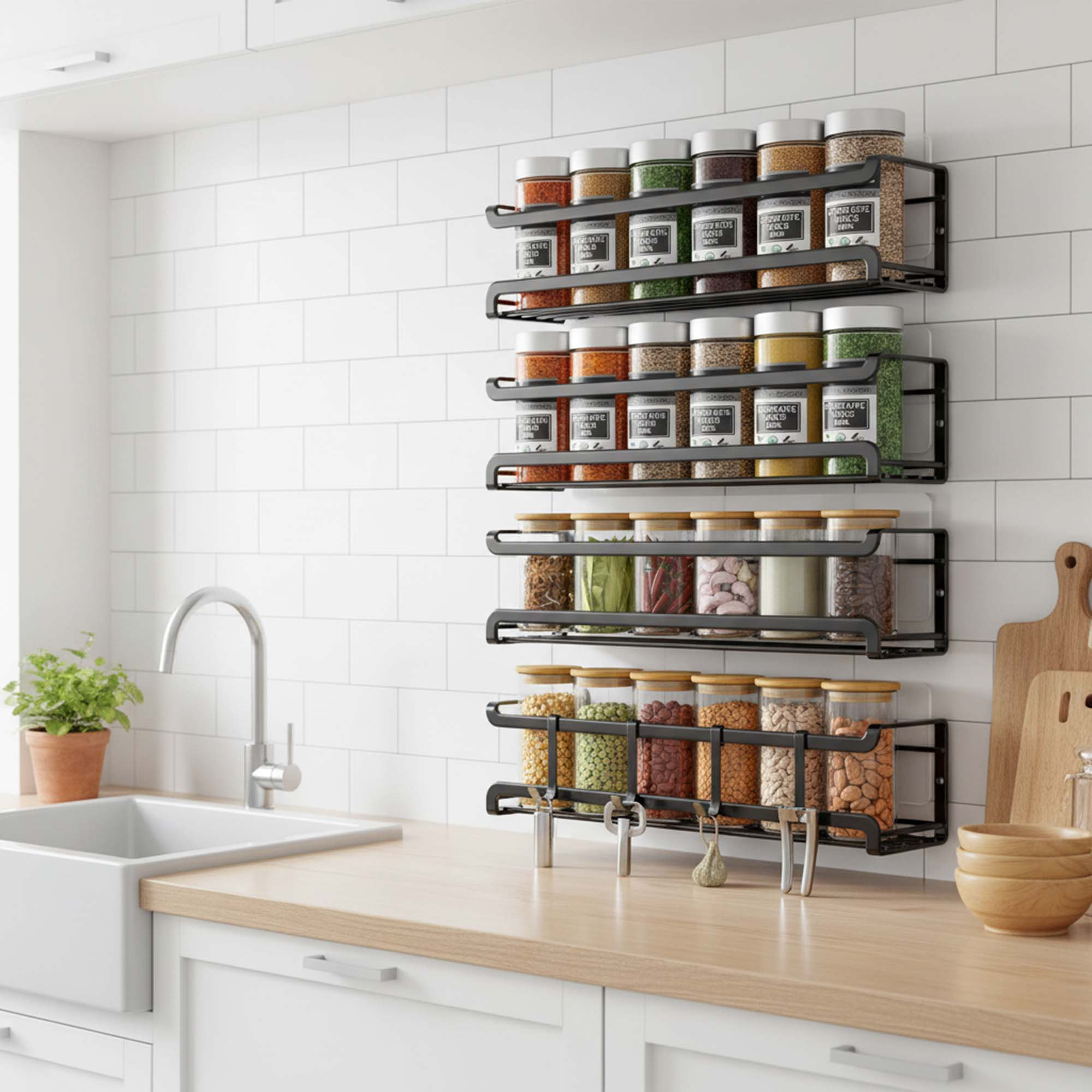 Prep & Savour 4 Pack Wall Mounted Spice Rack - Dual Mount (Screw ...