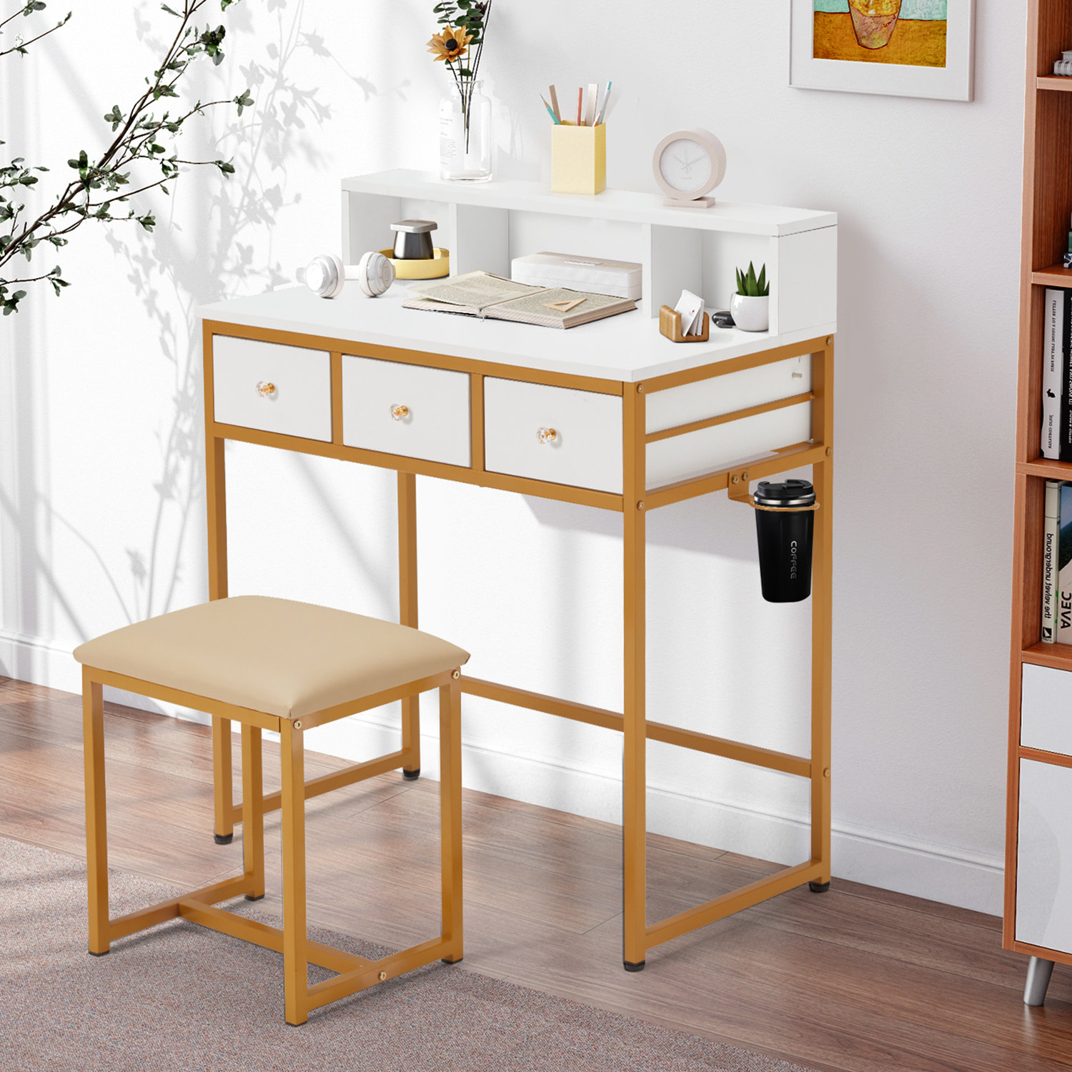 Mercer41 Computer Desk With 3 Drawers For Small Space, 32 Inch White ...