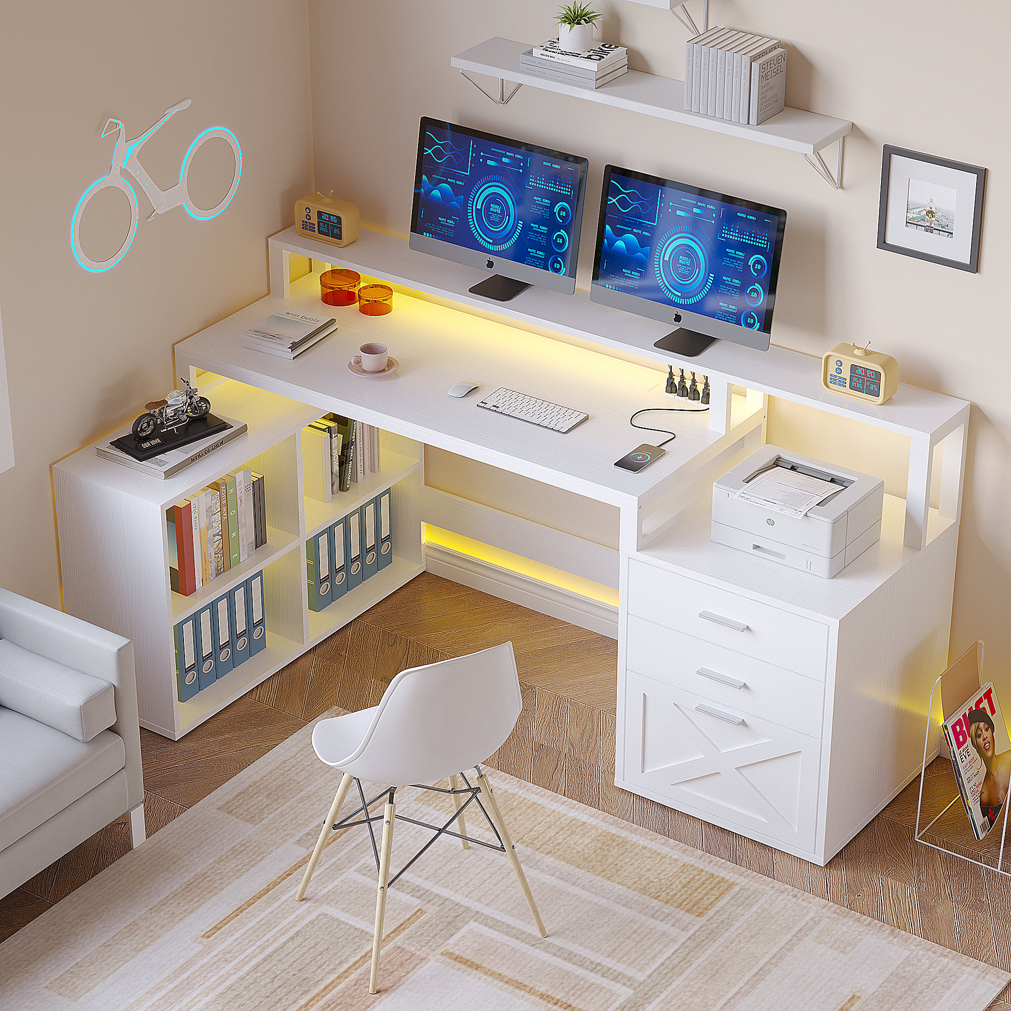 Ebern Designs Ravleen 66'' W L-Shaped Computer Desk with Cube Shelves ...