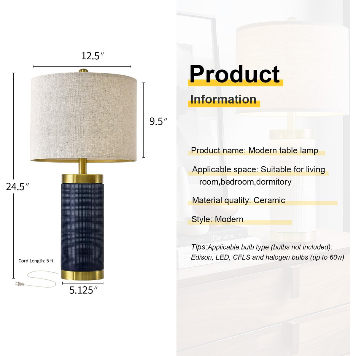 Mercer41 Modern Ceramic Bedside Table Lamp - Farmhouse Design For ...