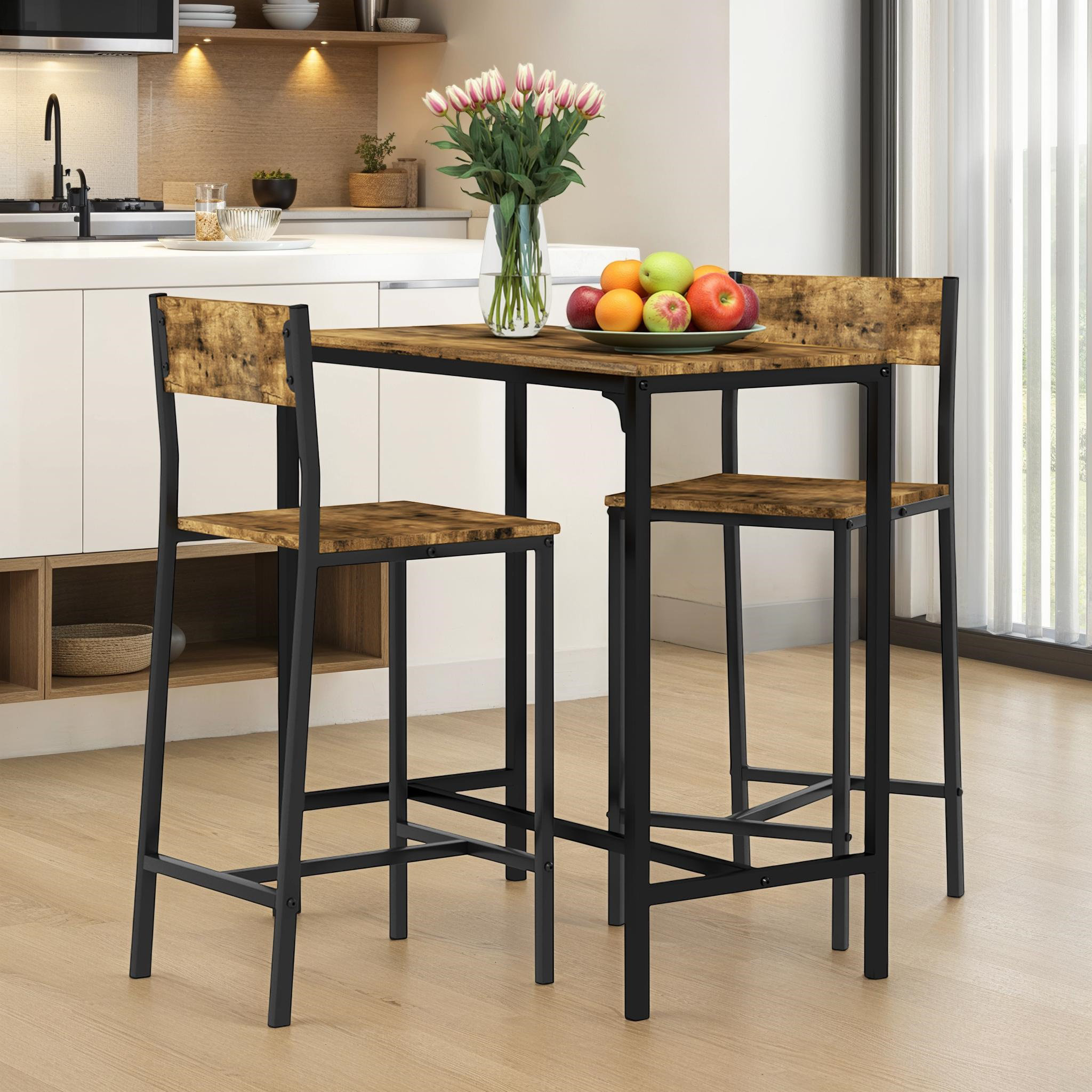 17 Stories Rustic 3-Piece Bar Table & Stools Set, Counter Height Dining ...