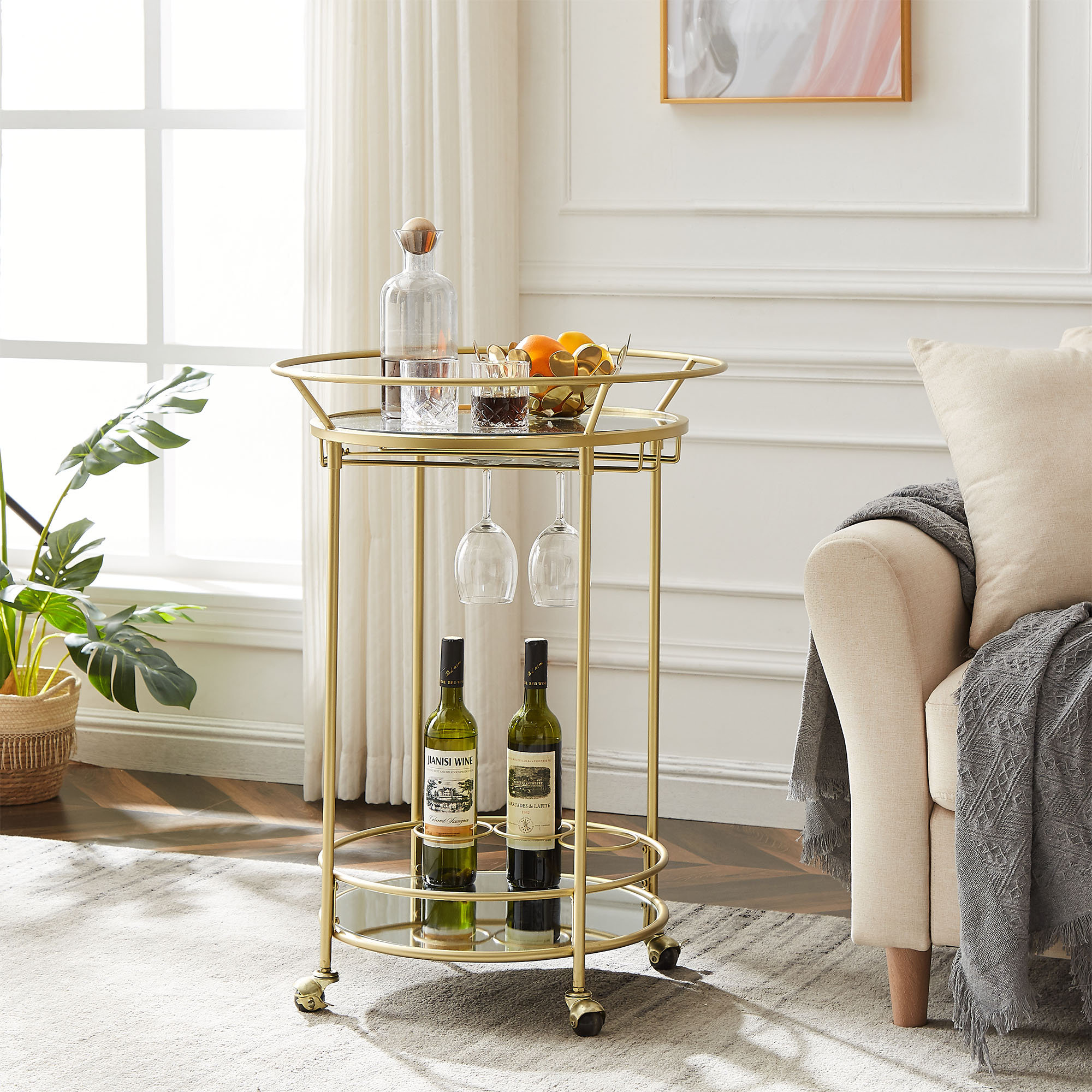 Everly Quinn Round Gold Rolling Bar Cart Wine Rack and Lockable Casters ...