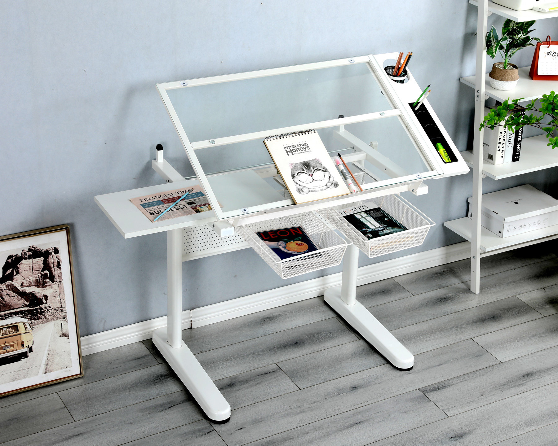 George Oliver Hand Crank Adjustable Drafting Table Drawing Desk With 2 ...