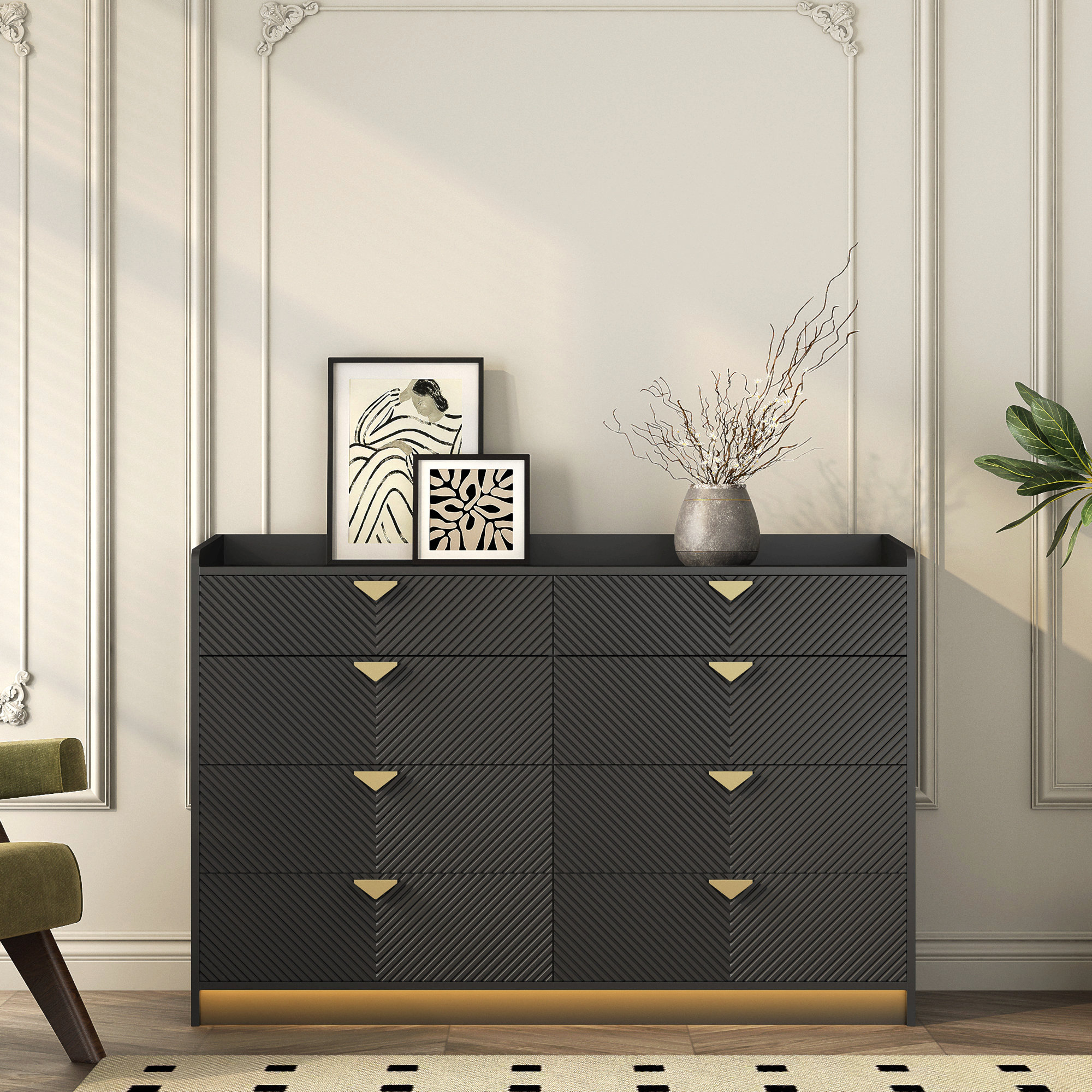 Brayden Studio 8 Drawer Double Dresser For Bedroom With LED, Modern ...