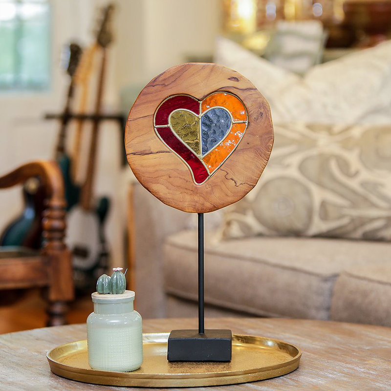 Arlmont & Co. Teak Slab Stained Glass Heart on Stand 20"H | Wayfair