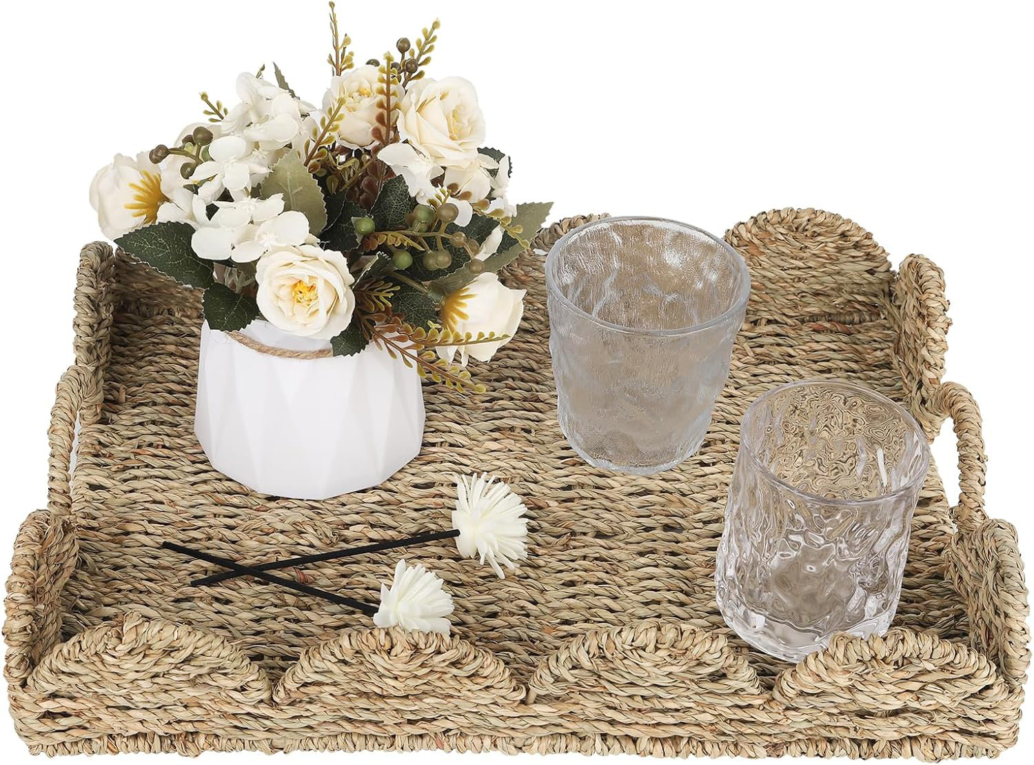 Bay Isle Home™ Scalloped Tray, Wicker Serving Tray With Handles, Woven ...
