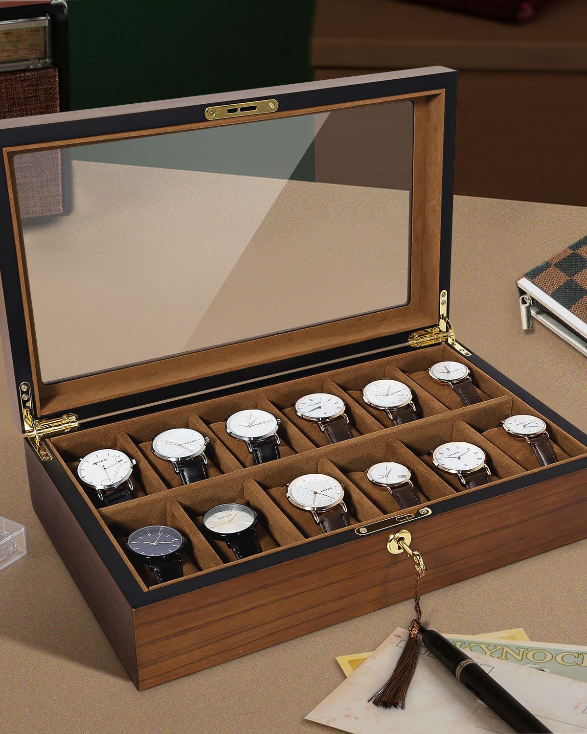 17 Stories 12-Slot Wooden Watch Box, Golden Lock & Key, Removable ...