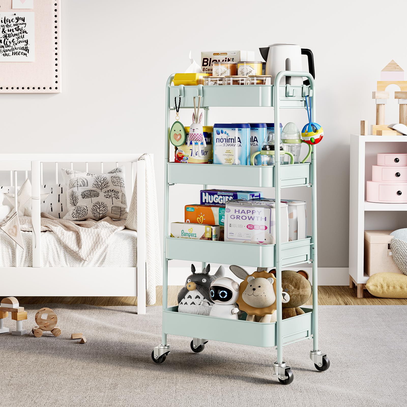 JIEKUOZONGZHUAN Four-Tier Metal Wheeled Cart, Storage And Multi-Purpose Organization Cart With ...