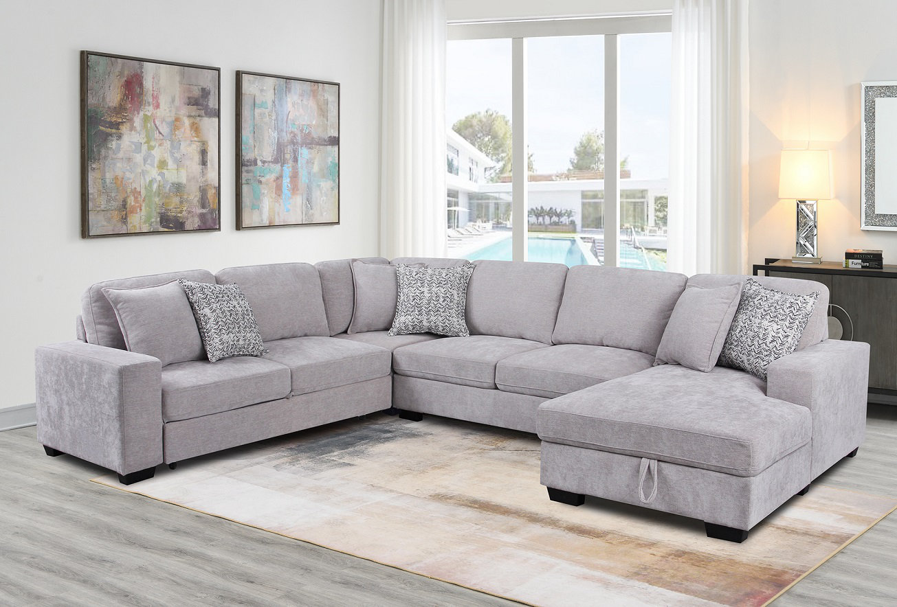 open FURNITURE 4 - Piece Sectional in Aden Denim with Six Pillows in ...