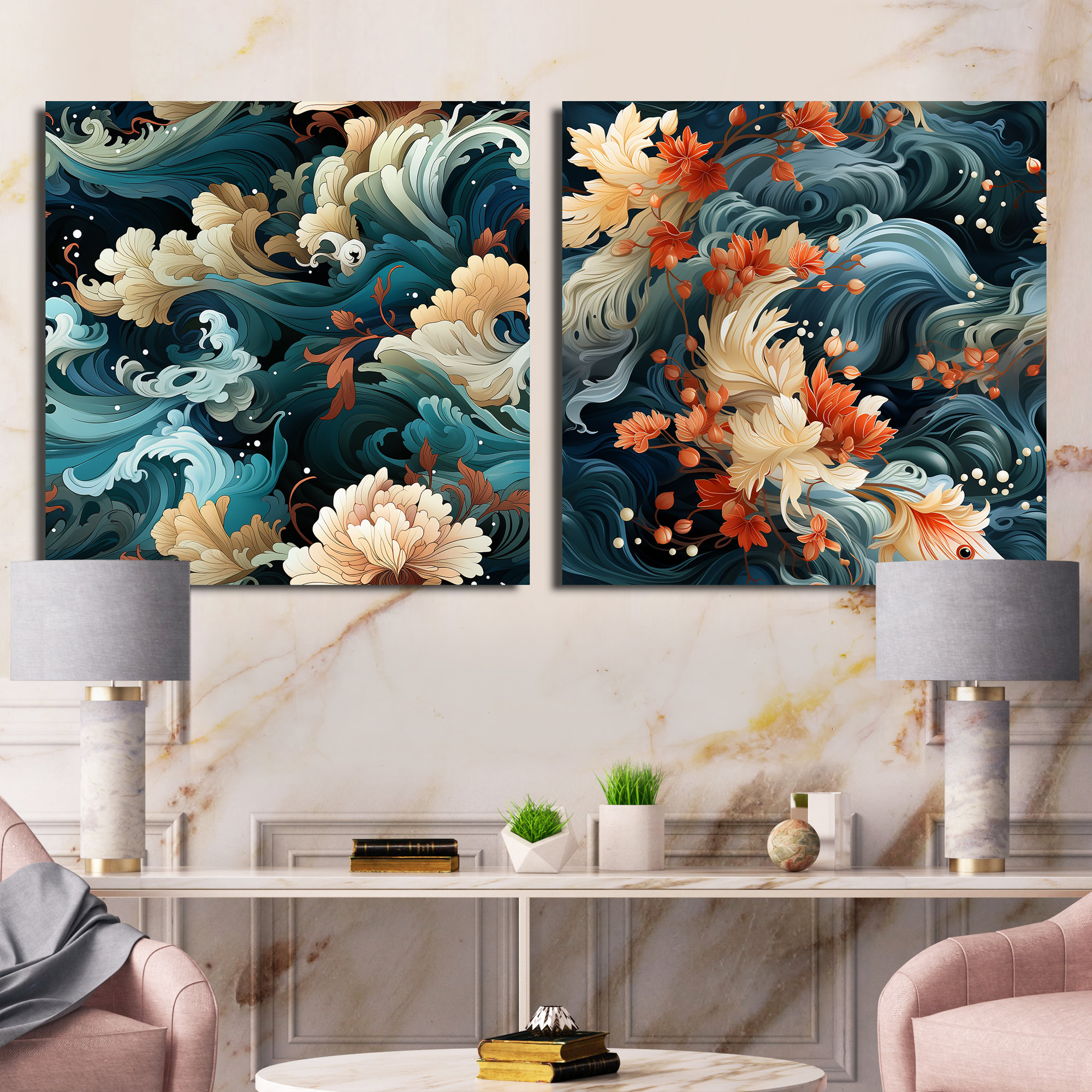 Design Art Waves And Flowers Japanese Pattern - Abstract Collages ...