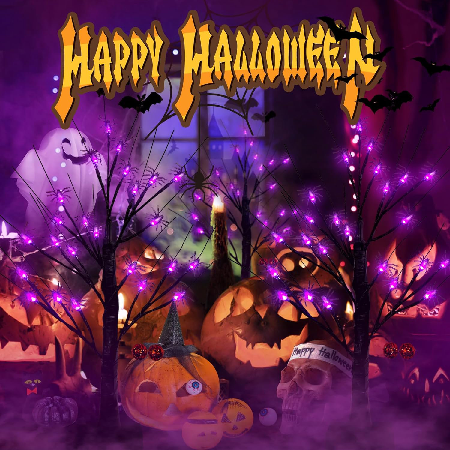 Primrue Halloween Decorations Indoor Spider Lights Tree 2Ft Black ...