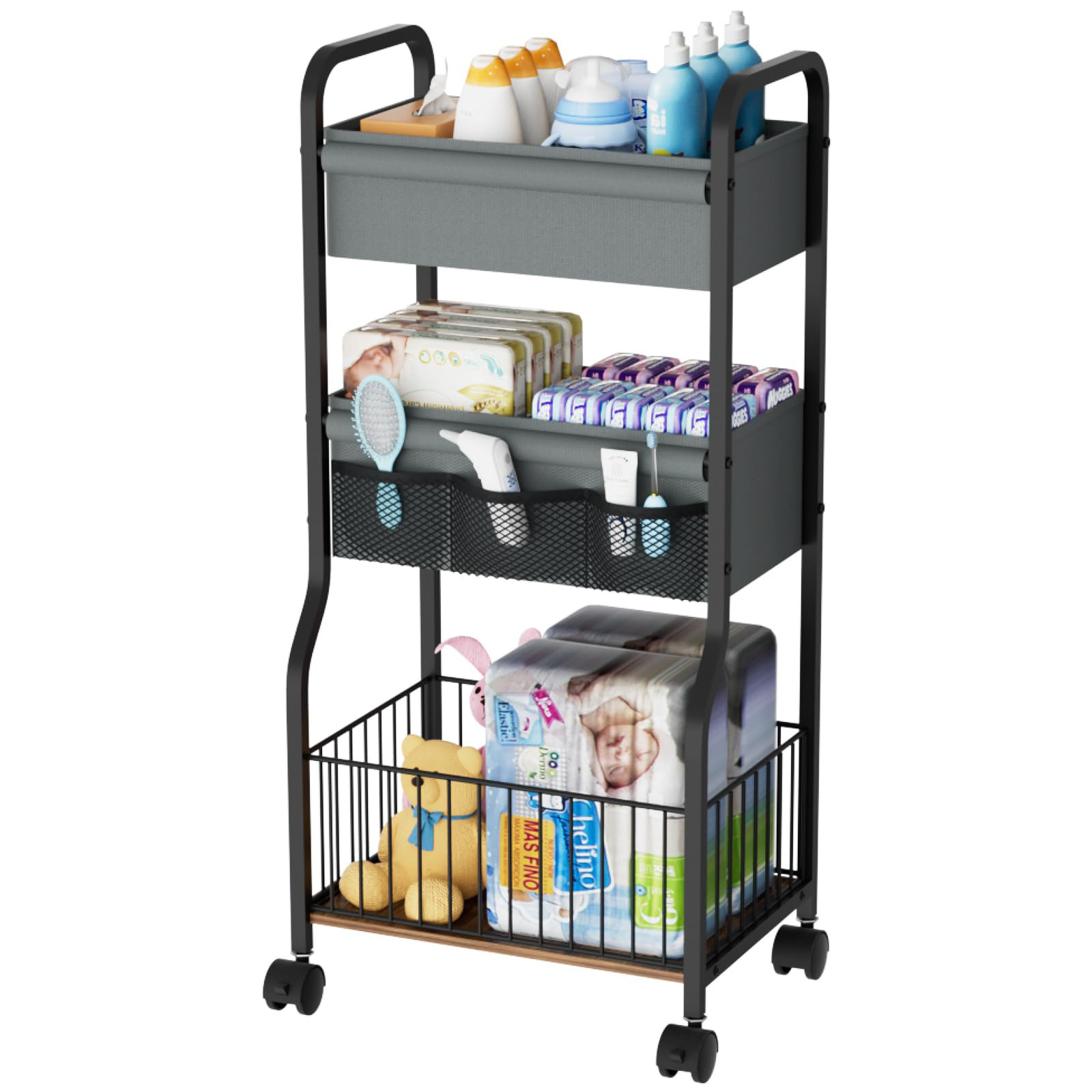 KAISHENGDAA Baby Diaper Caddy Organizer Cart, 3-Tier Rolling Diaper ...