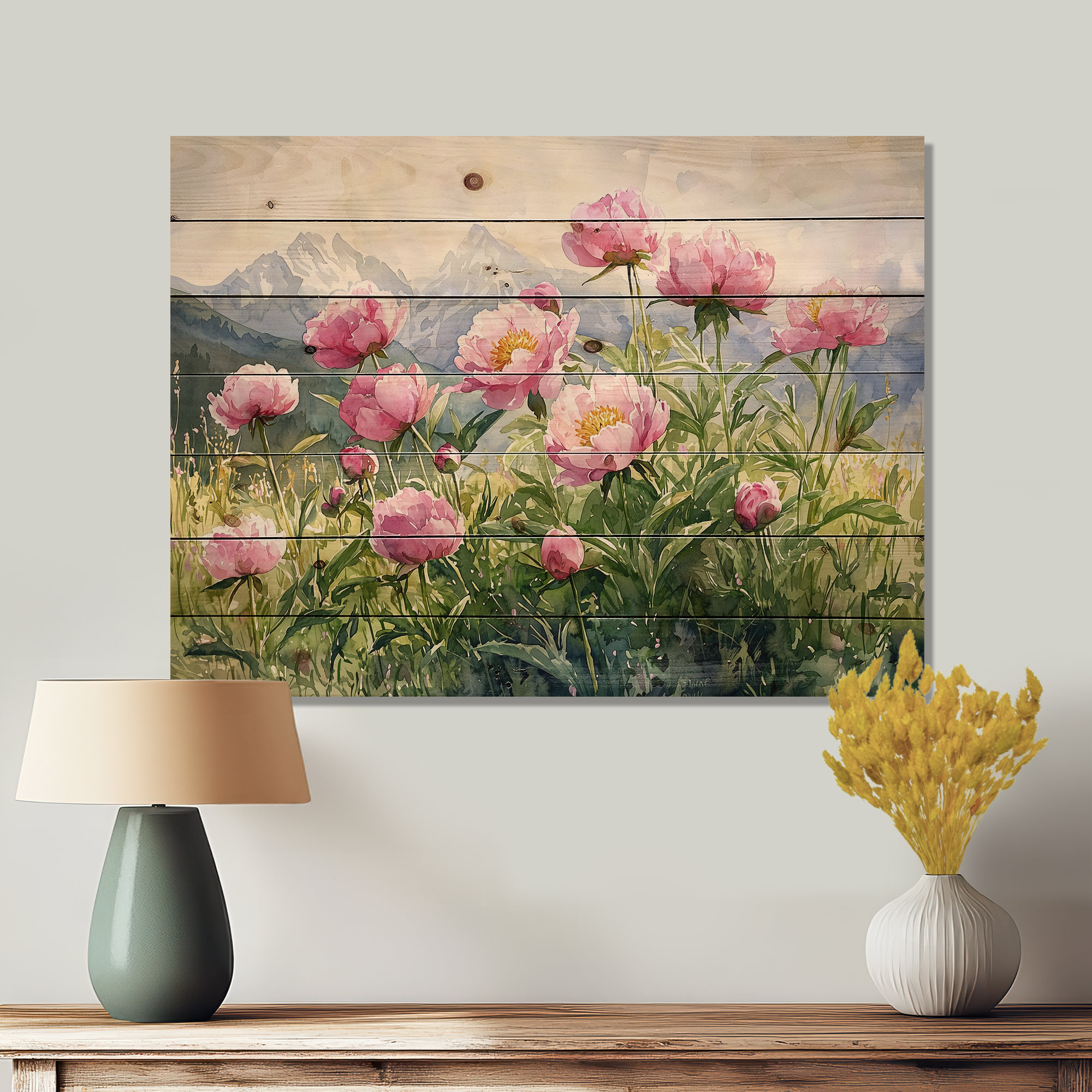 Ophelia & Co. Peonies In The High Meadows IV - Peonies Wood Print - On Natural Pine Wood | Wayfair