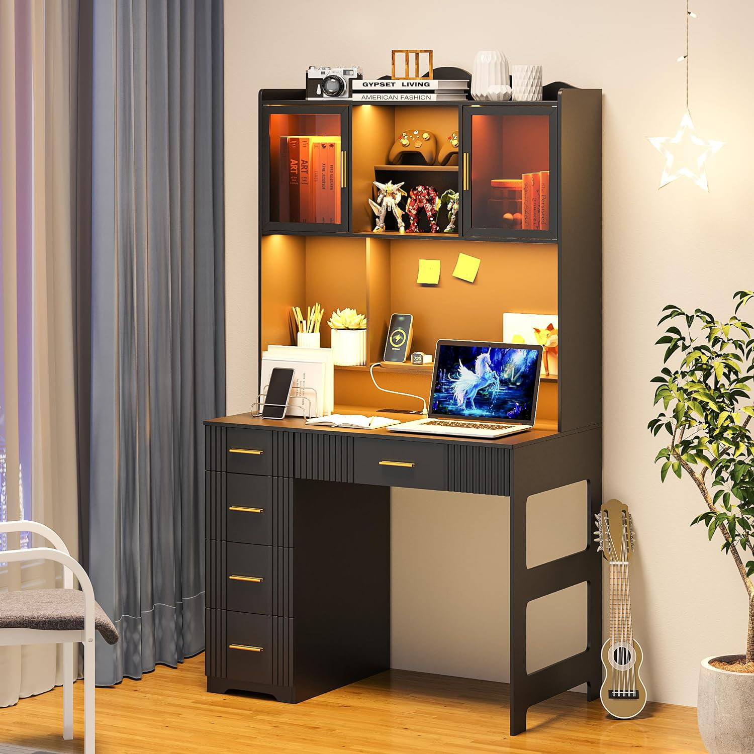 Latitude Run® Computer Desk with Hutch and LED Lighting & Reviews | Wayfair
