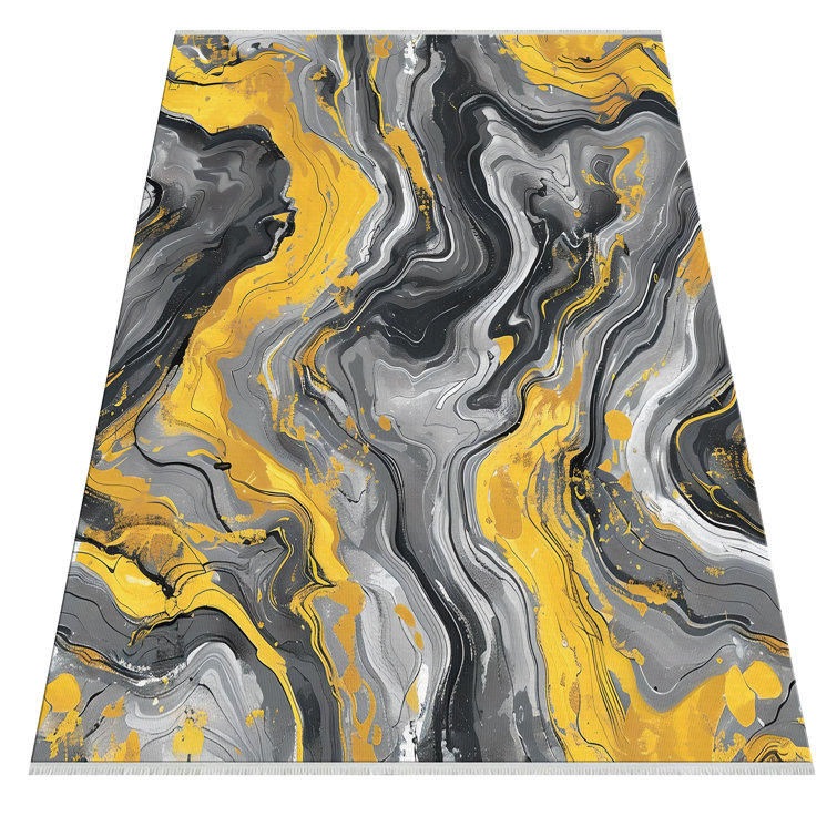 Ivy Bronx Marble Swirl Rug - Yellow, Black, Gray, And Silver - Abstract ...