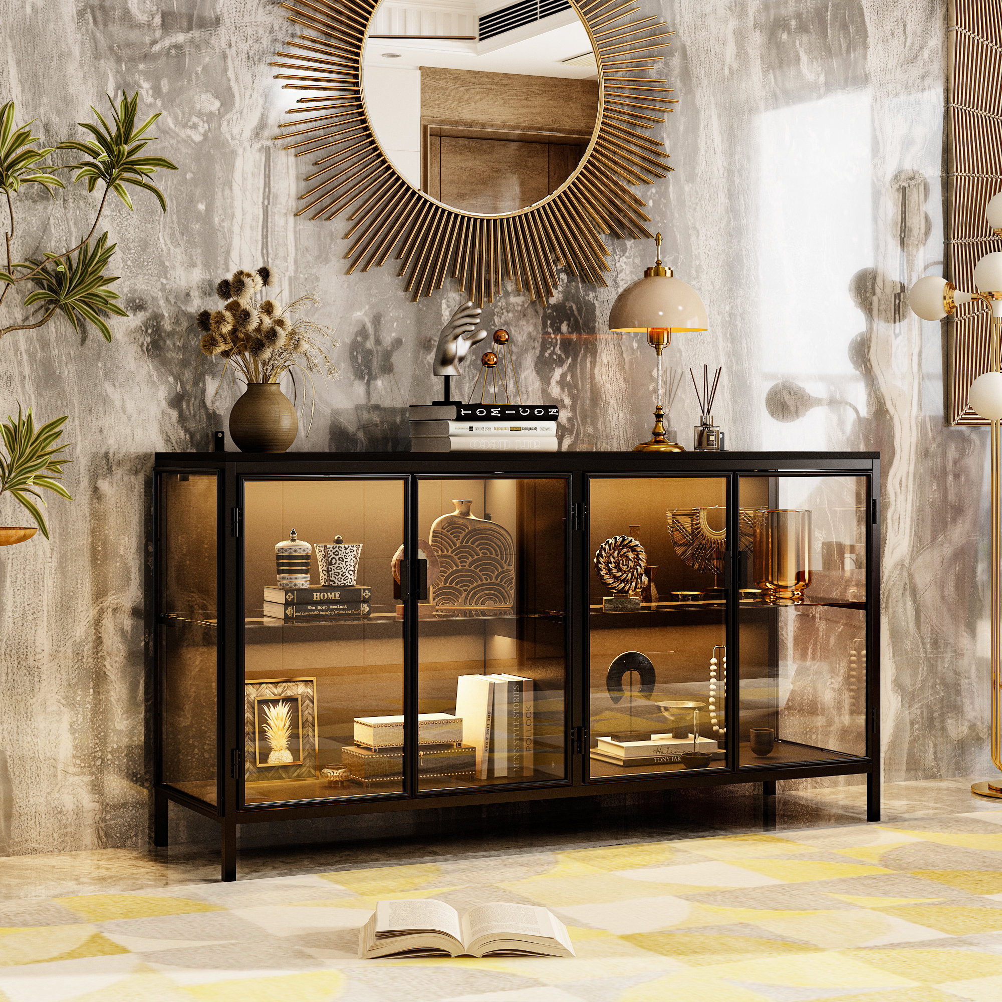 Orren Ellis 55.1'' W Horizontal Industrial Style Lighted Glass Door ...