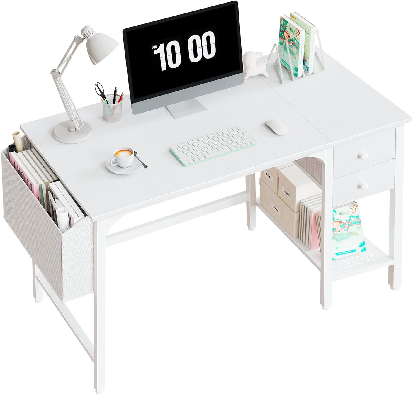Inbox Zero Computer Desk With Fabric Drawers, 40 Inch Reversible Gaming ...