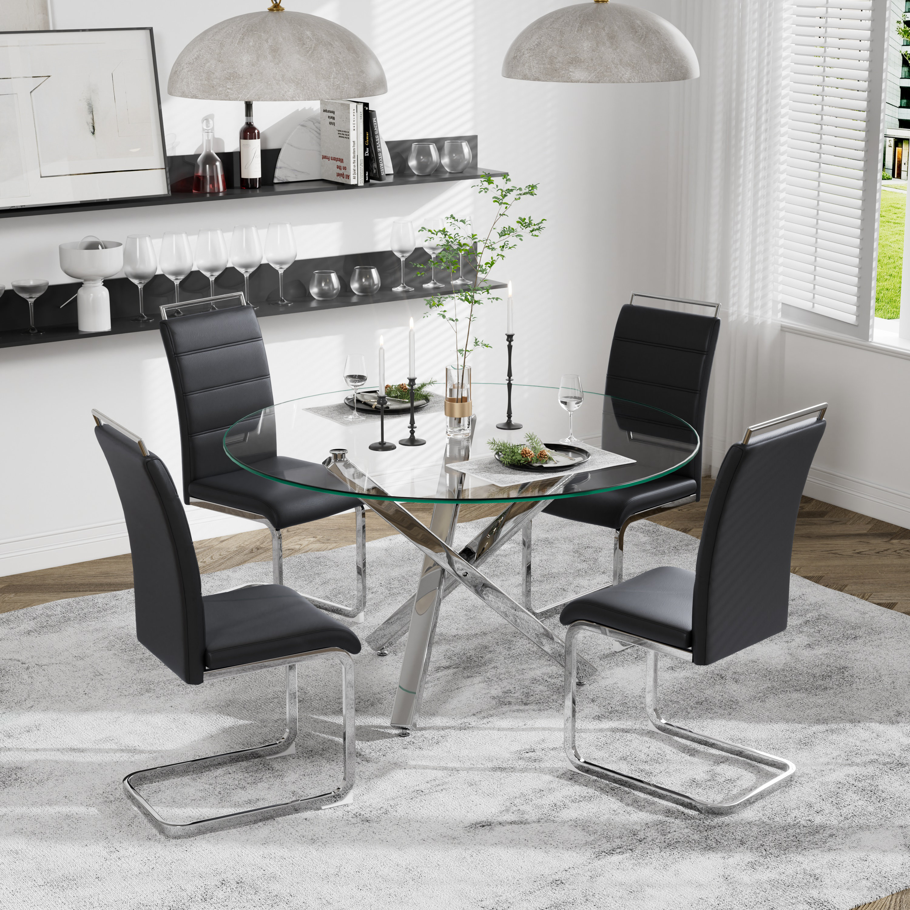 Mercer41 5 Piece Dining Set, Round Dining Table with Tempered Glass and ...
