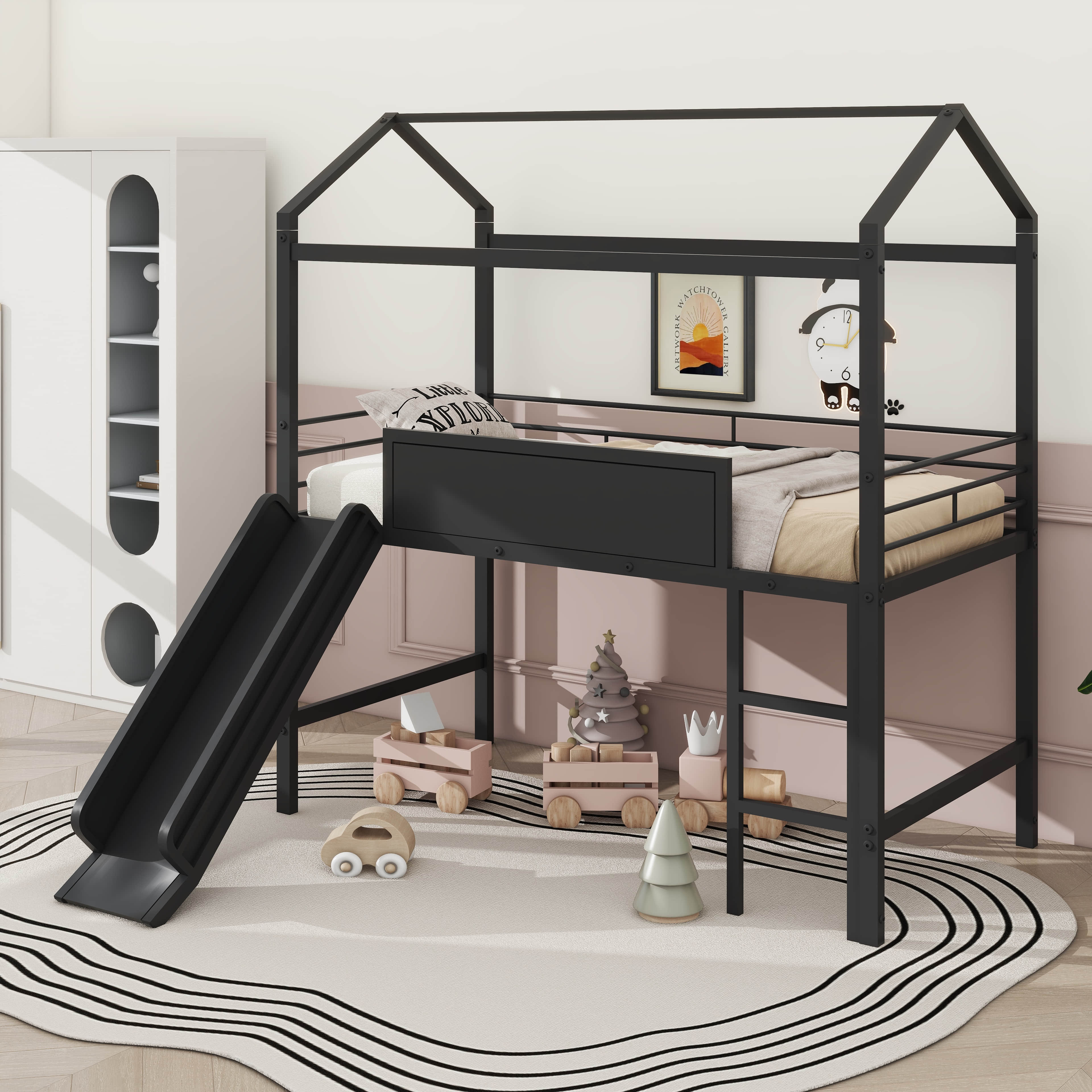 17 Stories Twin Loft Bed With Slide And Ladder, House Loft Bed Frame ...