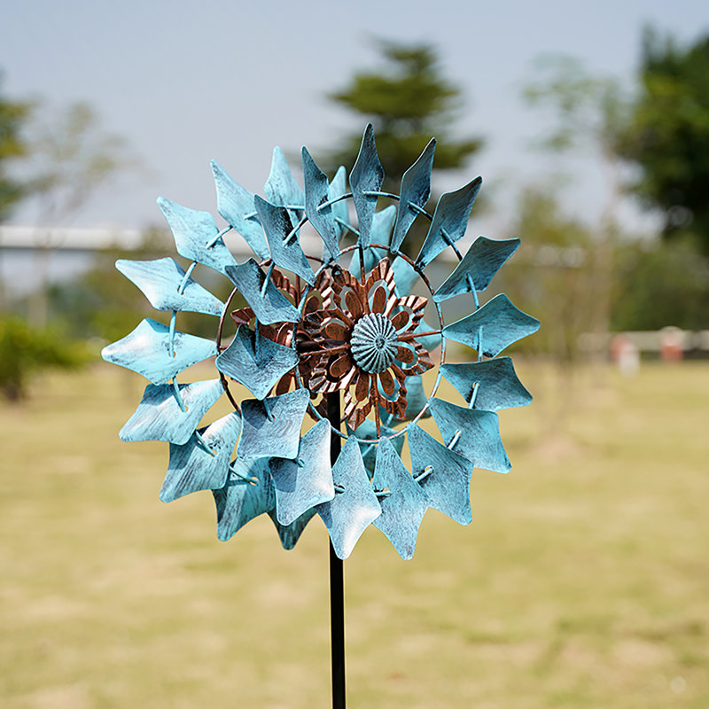Arlmont & Co. Adlin Blue Metal Rotator Outdoor Wind Spinner Garden ...
