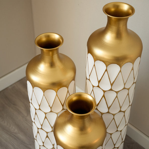 Everly Quinn 3-Piece White Gold Floor Vase, Golden Prism Design, Tall ...