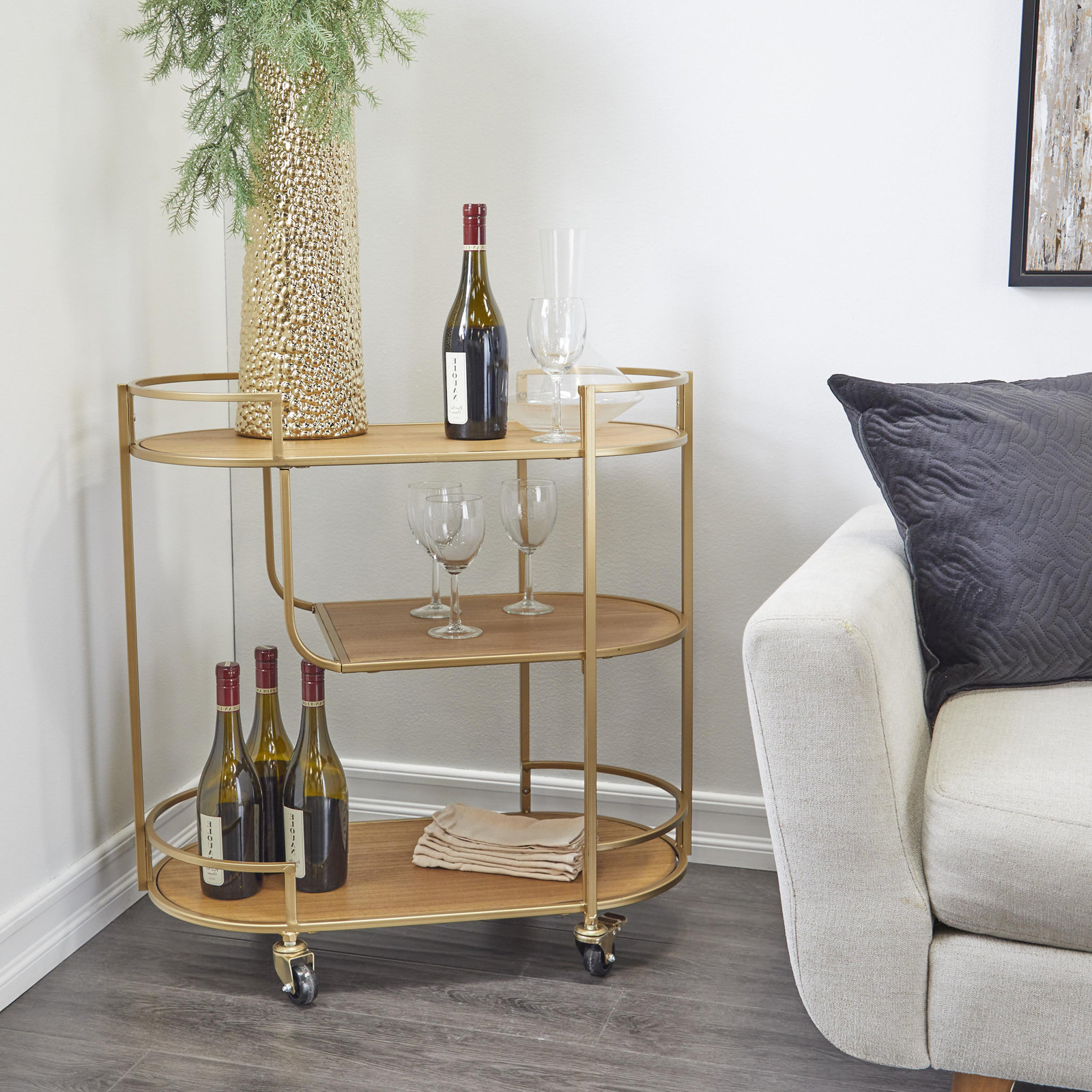 George Oliver Rotimi Wood Rolling 3 Shelves Gold Bar Cart with Handles ...