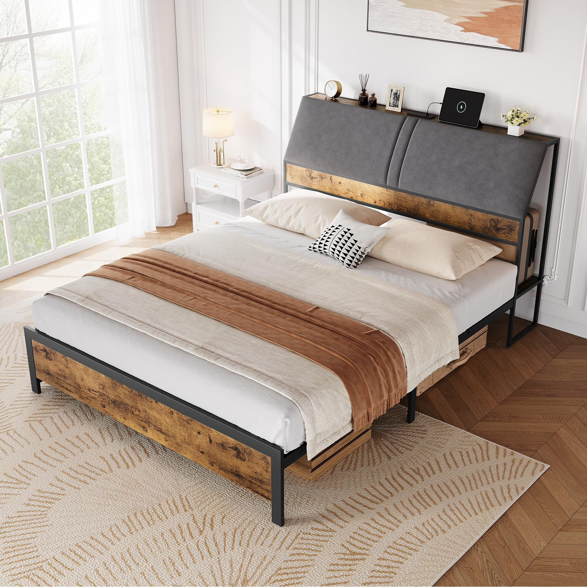 Yuan Home Bed Frame With Ergonomic Headboard, Platform Metal Bed Frame ...