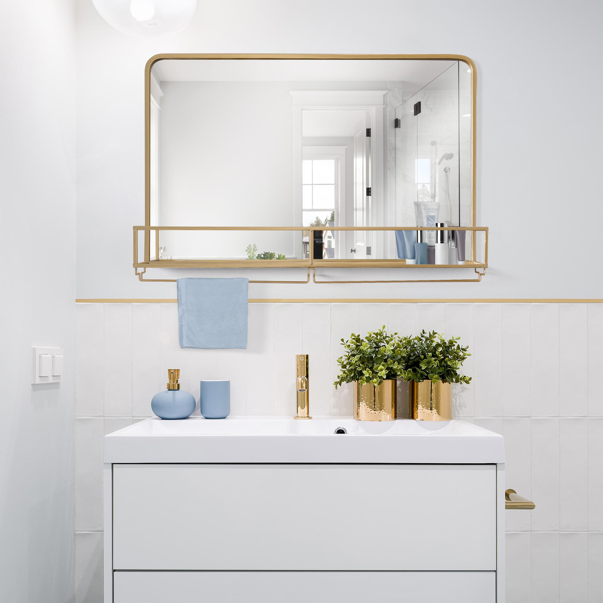 Everly Quinn Gold Frame Rectangle Vanity Wall Mirror With Storage - 21. ...