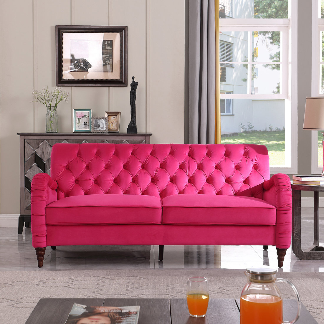 House of Hampton® Lemarr Modern Sofa Rose Red Chesterfield;3 Seater ...