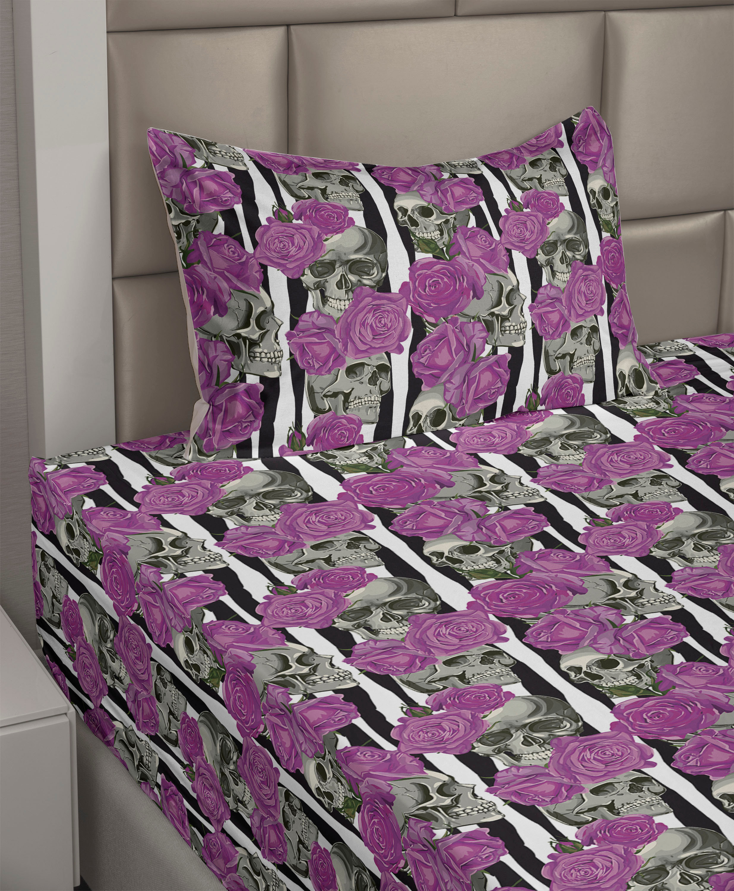 Ambesonne Skull Sheet Set Sepia Skeleton Roses Heads Fuchsia Purple and ...