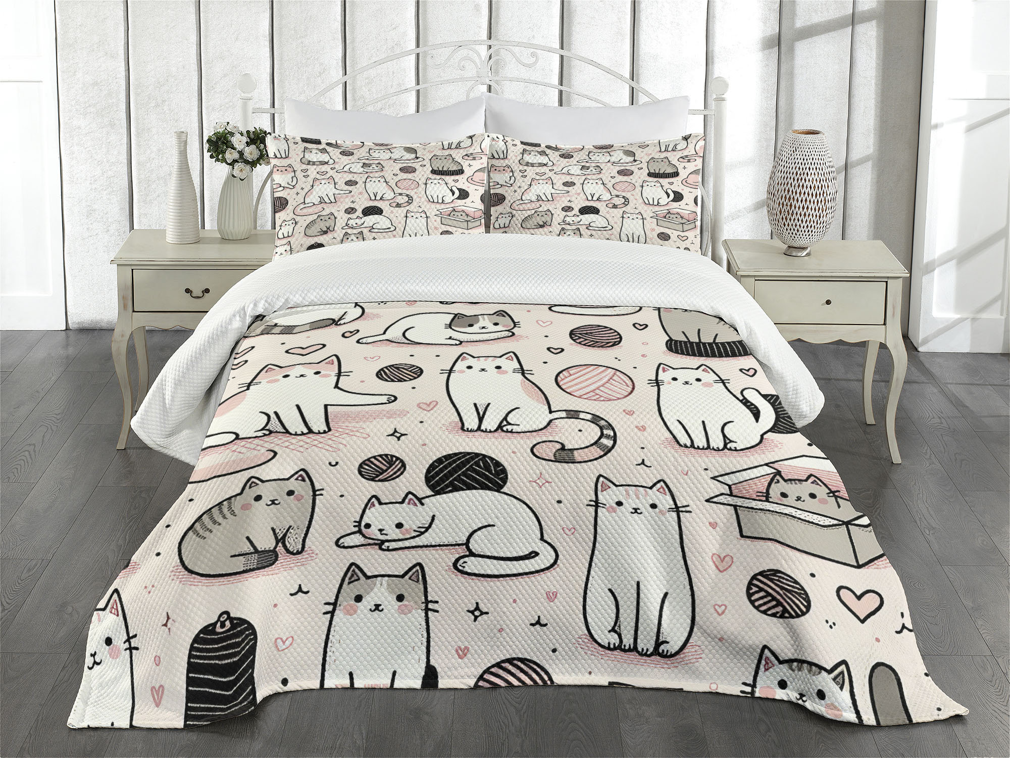 Ambesonne Cat Bedspread Set Pastel Simplistic Drawn Kitties Rose and ...